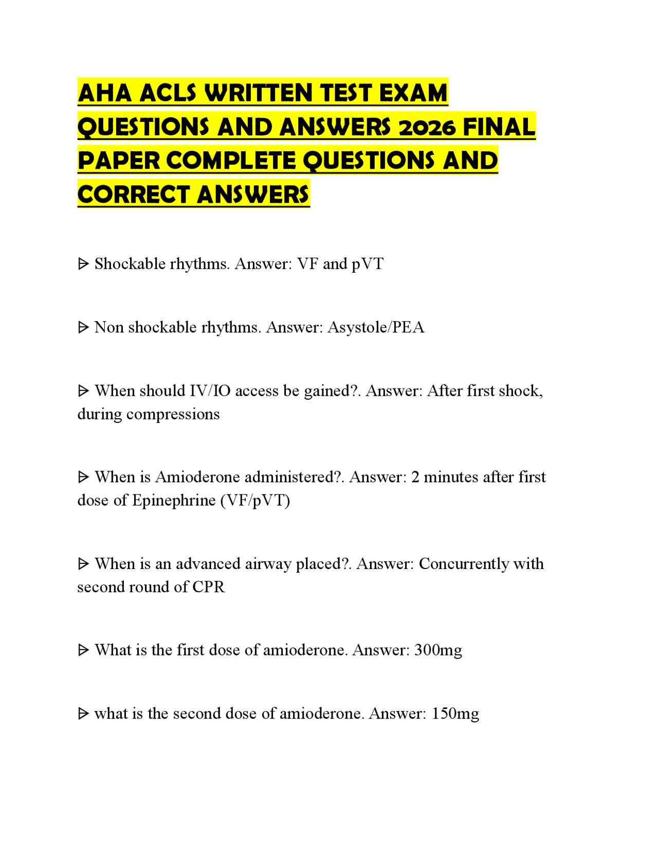 AHA ACLS WRITTEN TEST EXAM QUESTIONS AND ANSWERS 2026 FINAL PAPER ...