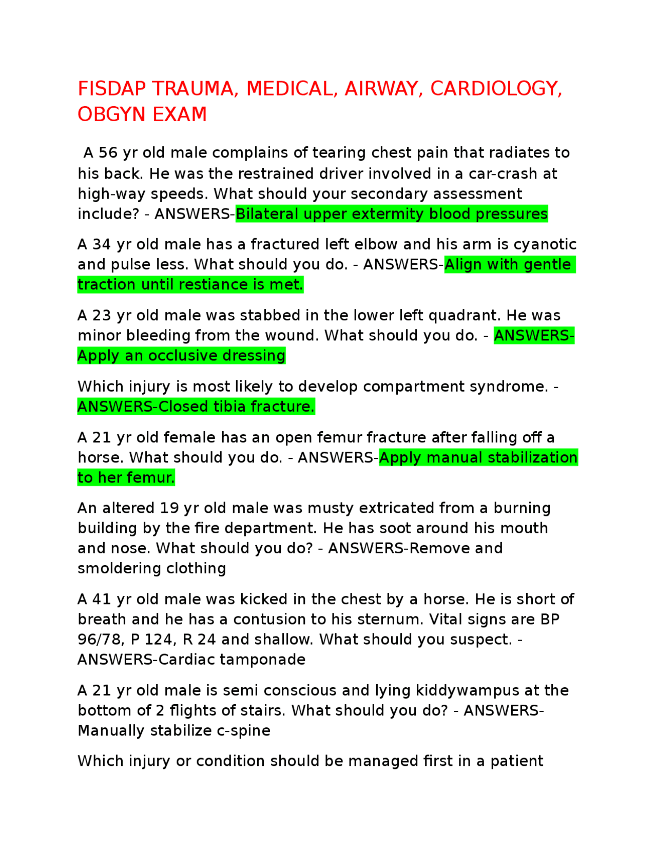 FISDAP TRAUMA, MEDICAL, AIRWAY, CARDIOLOGY, OBGYN EXAM | Exams Medicine ...