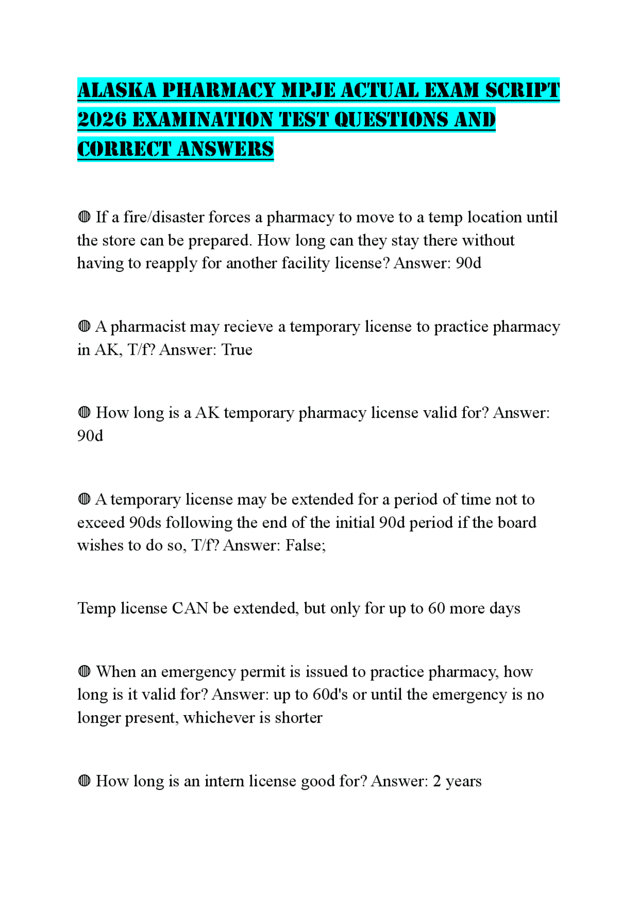 ALASKA PHARMACY MPJE ACTUAL EXAM SCRIPT 2026 EXAMINATION TEST QUESTIONS ...