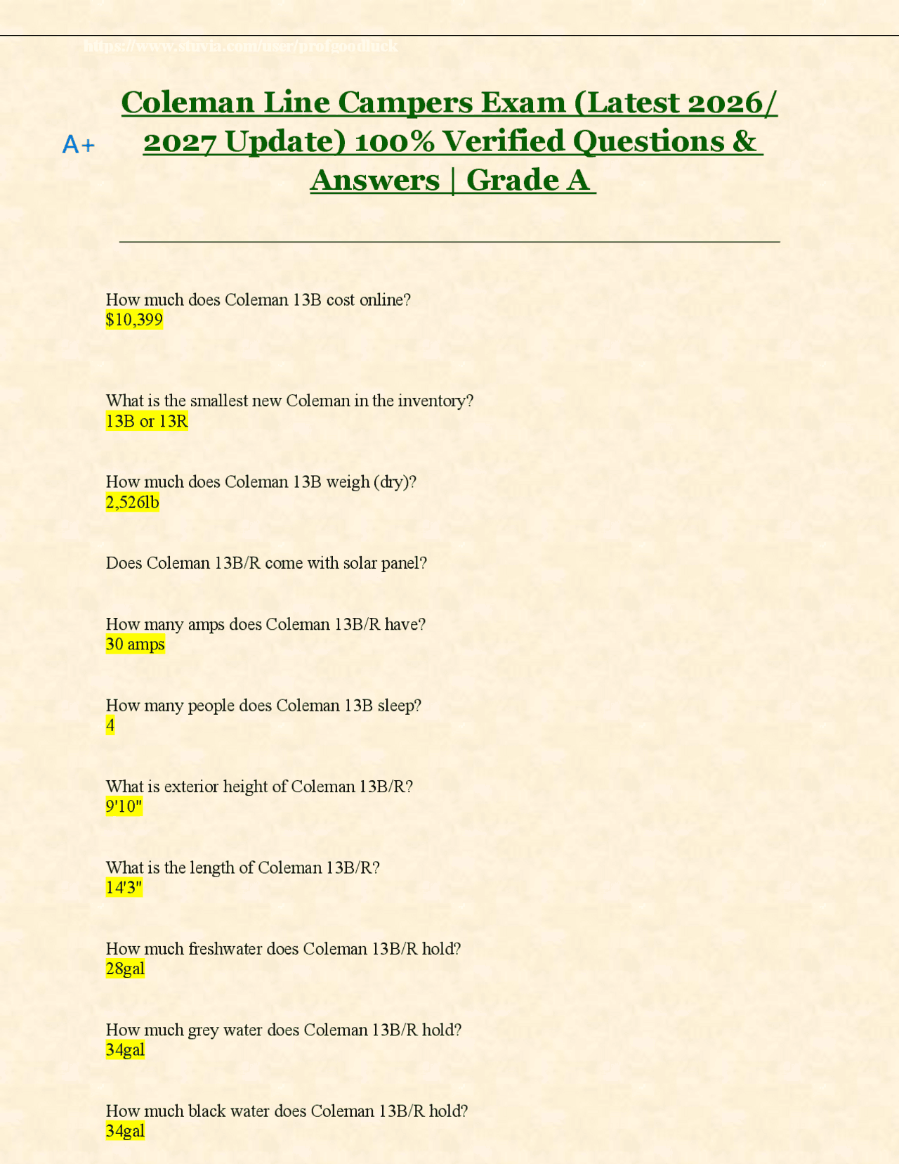 Coleman Campers Exam Questions and Answers | Exams International ...