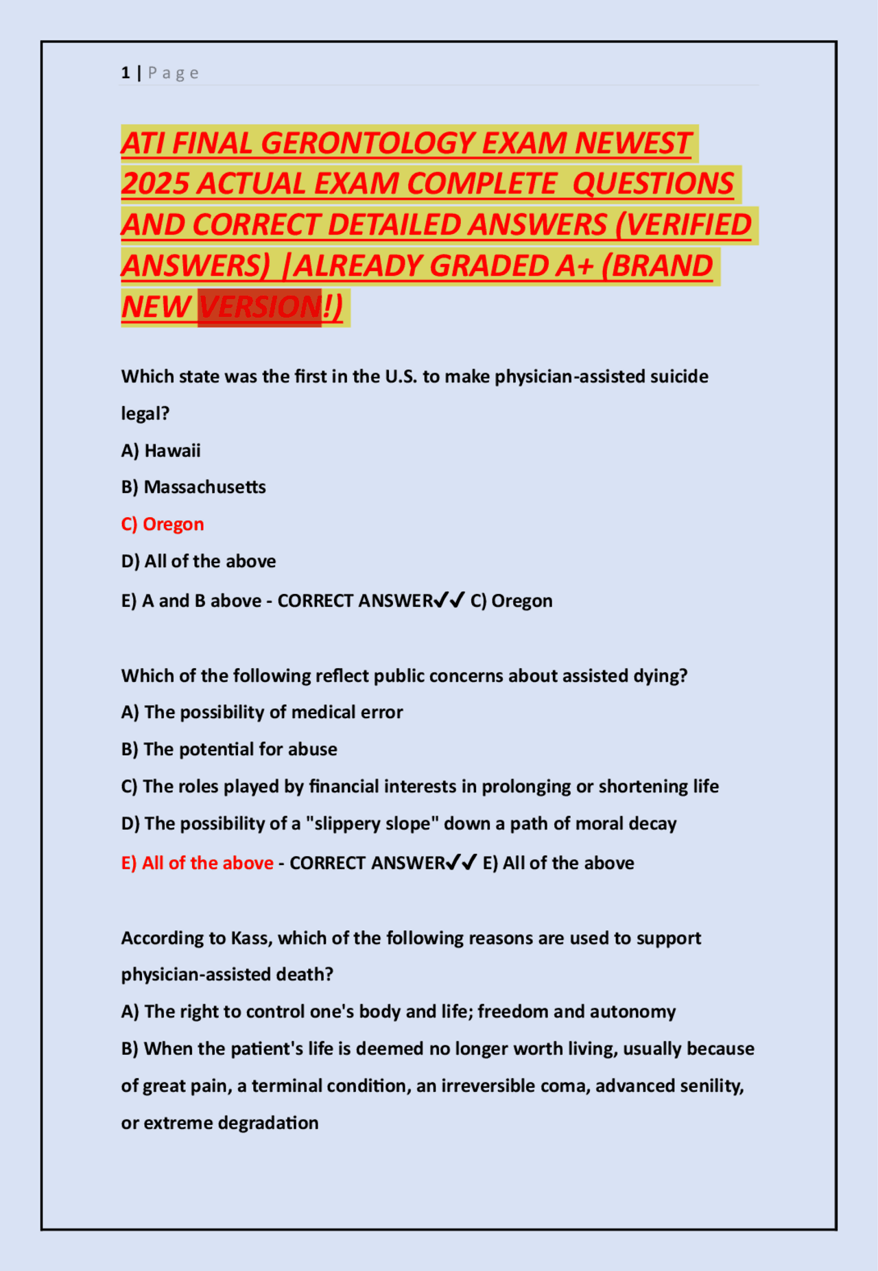 Gerontology Exam Questions and Answers | Exams Nursing | Docsity