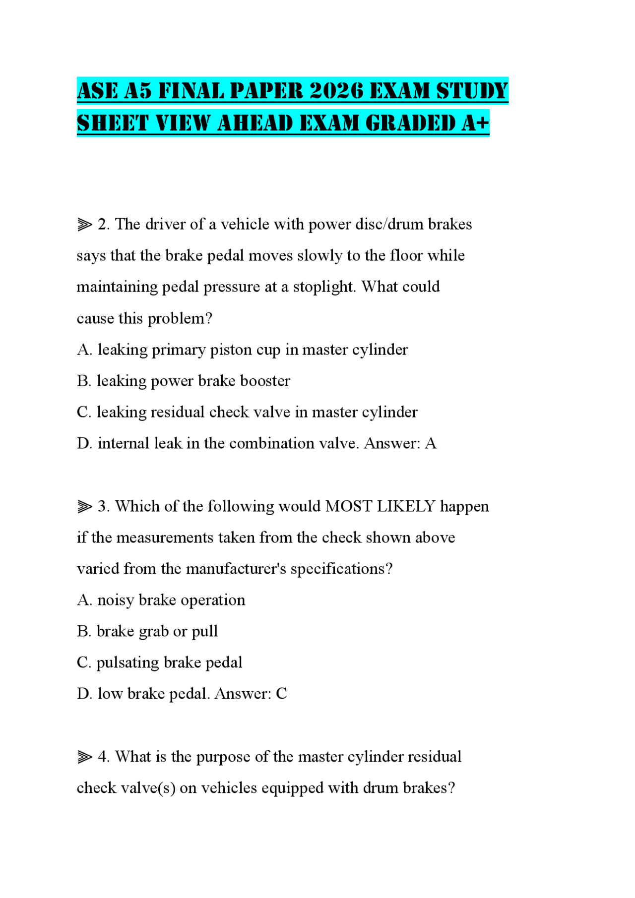 ASE A5 FINAL PAPER 2026 EXAM STUDY SHEET VIEW AHEAD EXAM GRADED A+ ...