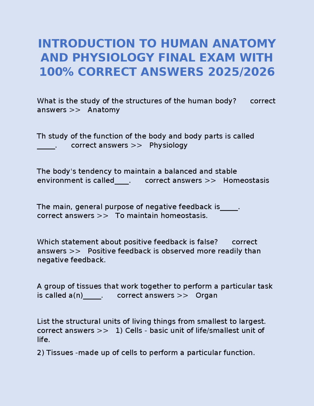 INTRODUCTION TO HUMAN ANATOMY AND PHYSIOLOGY FINAL EXAM WITH 100% ...