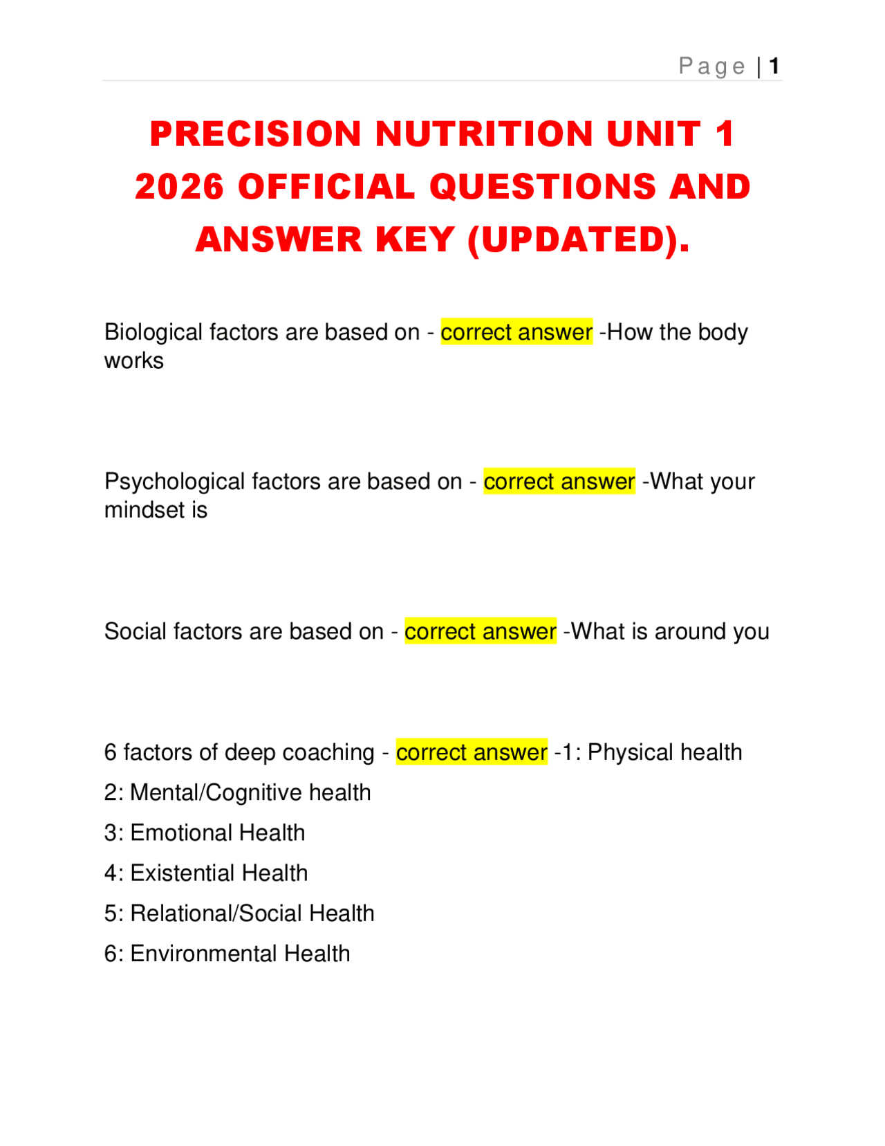 PRECISION NUTRITION UNIT 1 2026 OFFICIAL QUESTIONS AND ANSWER KEY ...