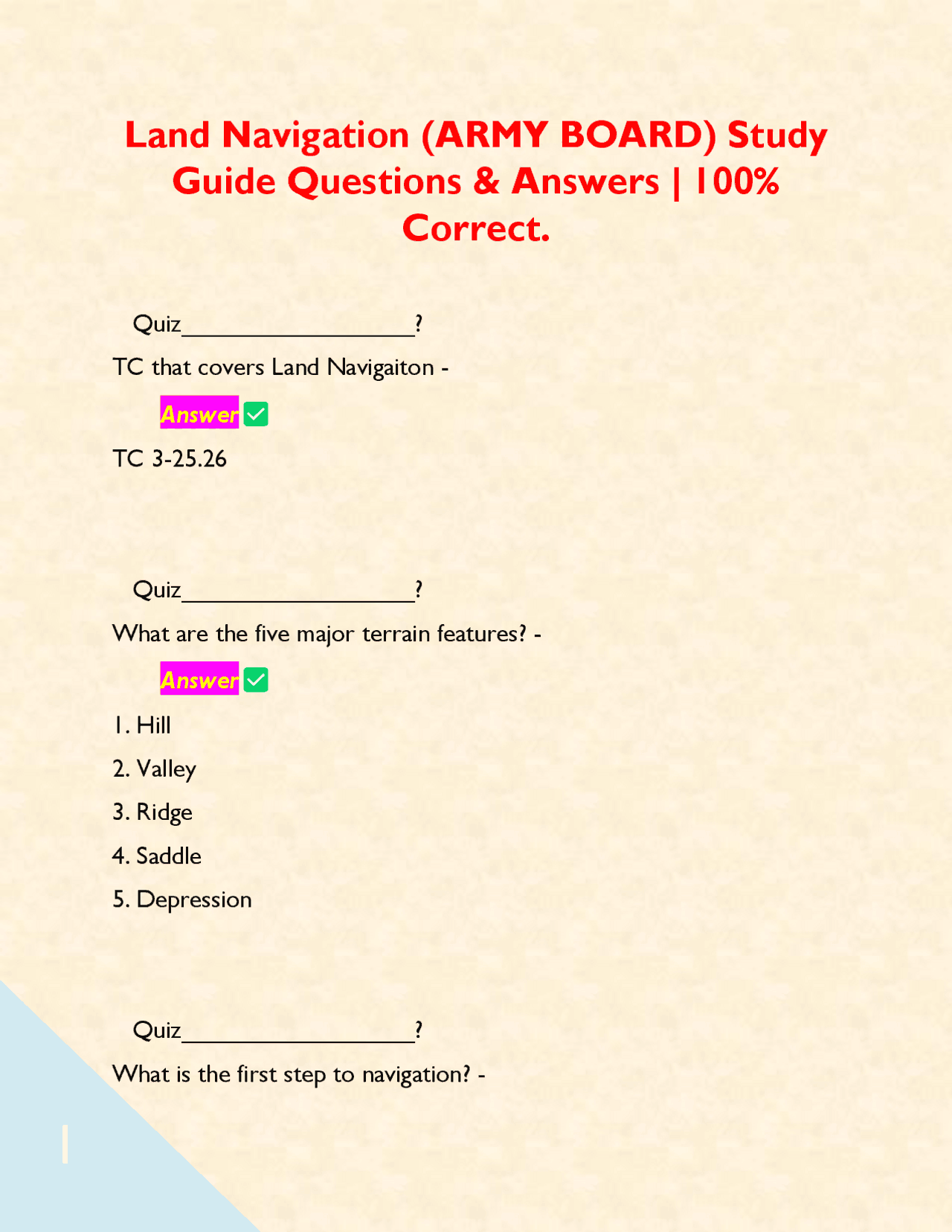 Land Navigation (ARMY BOARD) Study Guide Questions & Answers | 100% ...