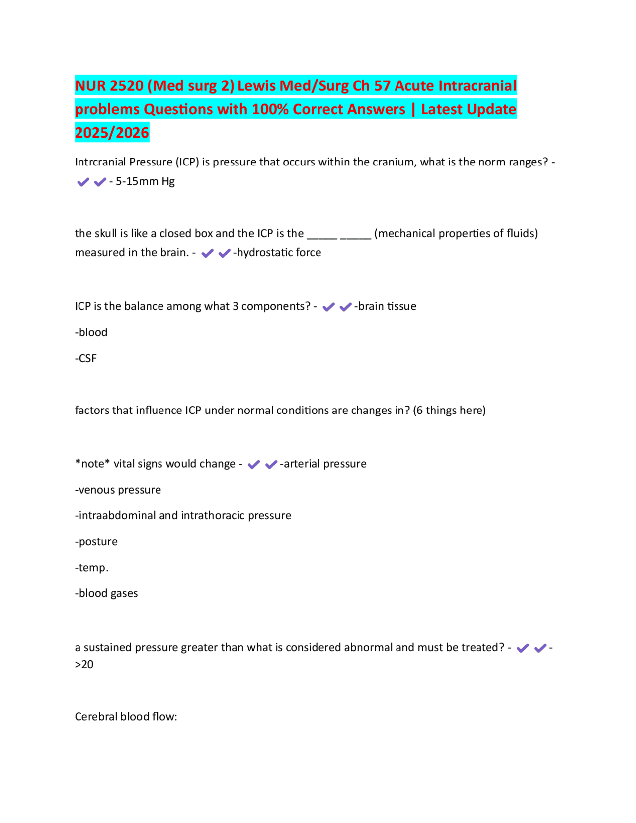NUR 2520 (Med surg 2) Lewis Med/Surg Ch 57 Acute Intracranial problems ...