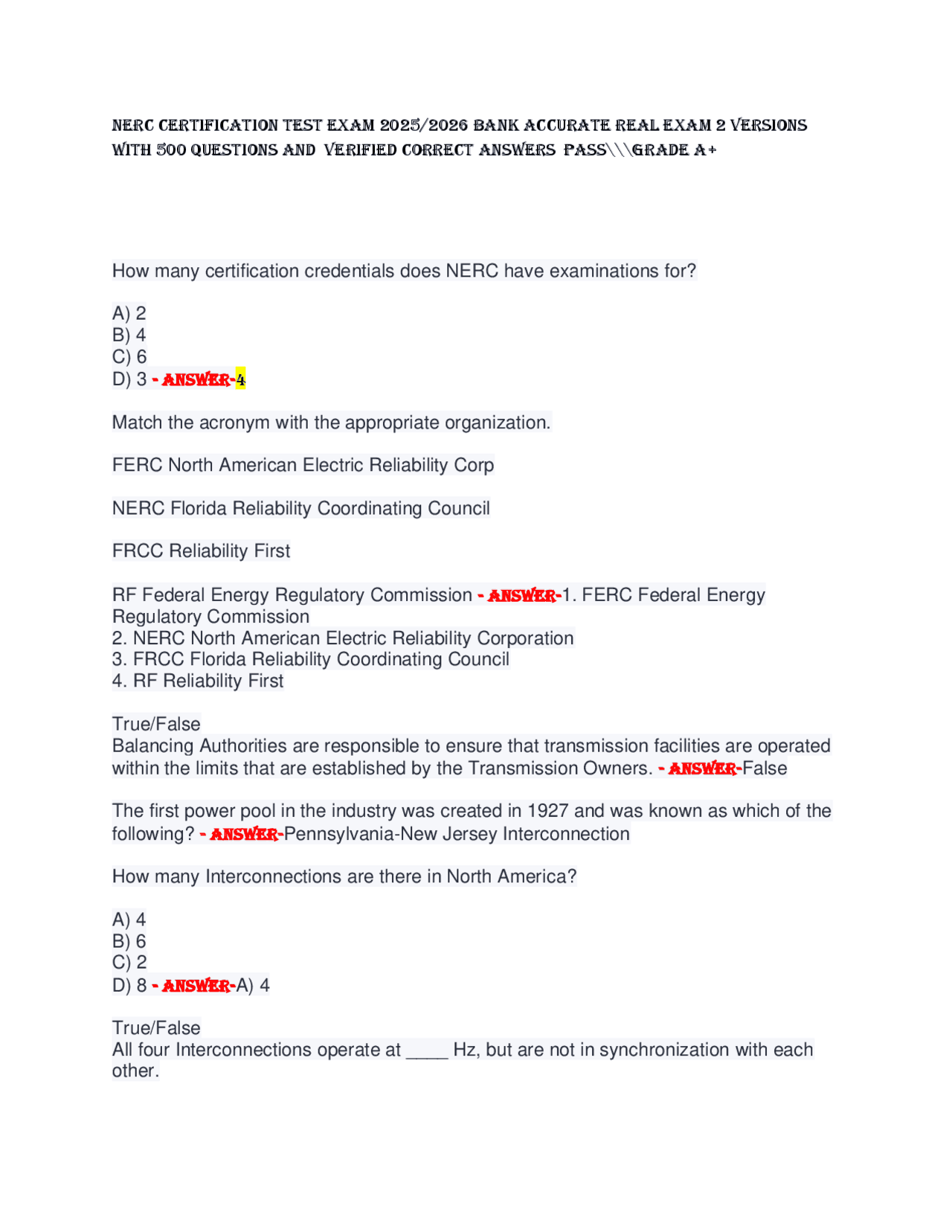 NERC Certification Exam Questions and Answers 2025/2026 | Exams ...