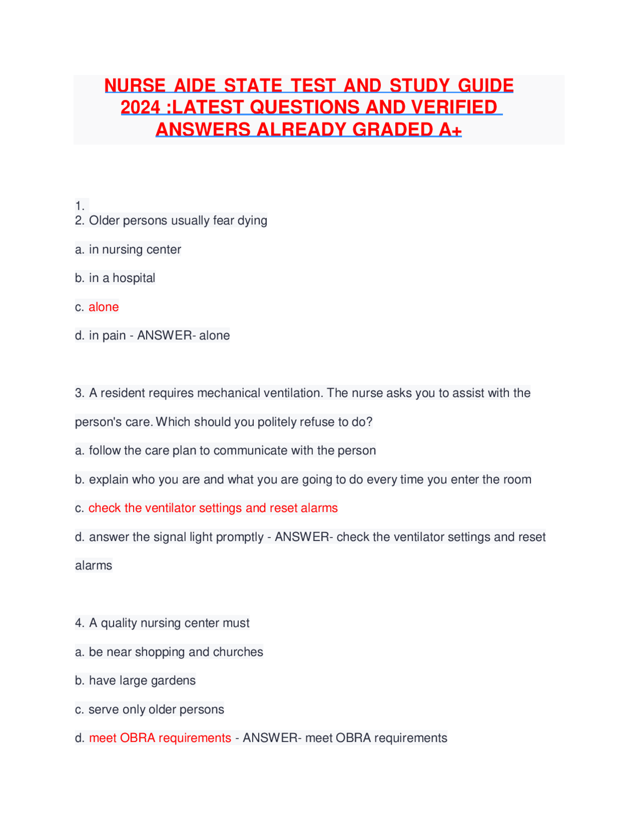 NURSE AIDE STATE TEST AND STUDY GUIDE 2024 :LATEST QUESTIONS AND ...