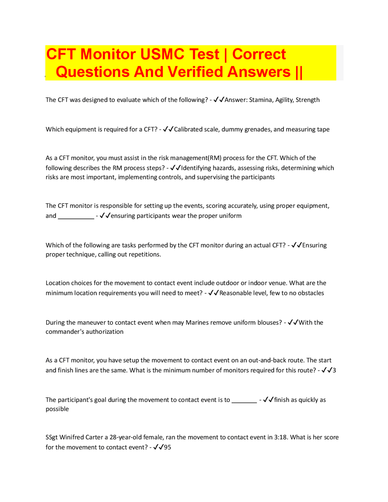 CFT Monitor USMC Test | Correct Questions And Verified Answers | Exams ...