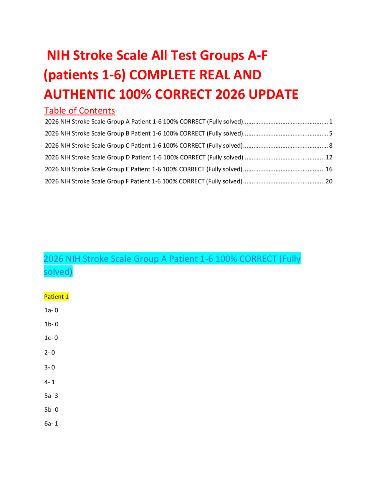 NIH Stroke Scale Test Groups A-F Full Answer Key 2026 – 100% Correct ...