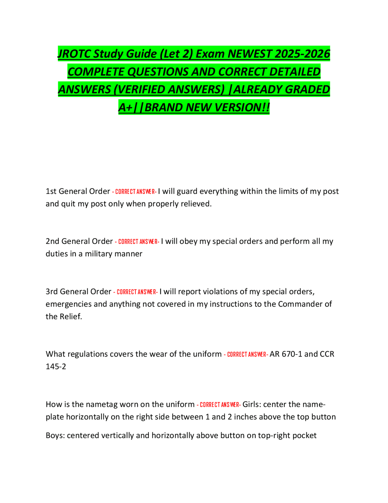 JROTC Let 2 Exam Study Guide 2025-2026: Complete Questions and Verified ...
