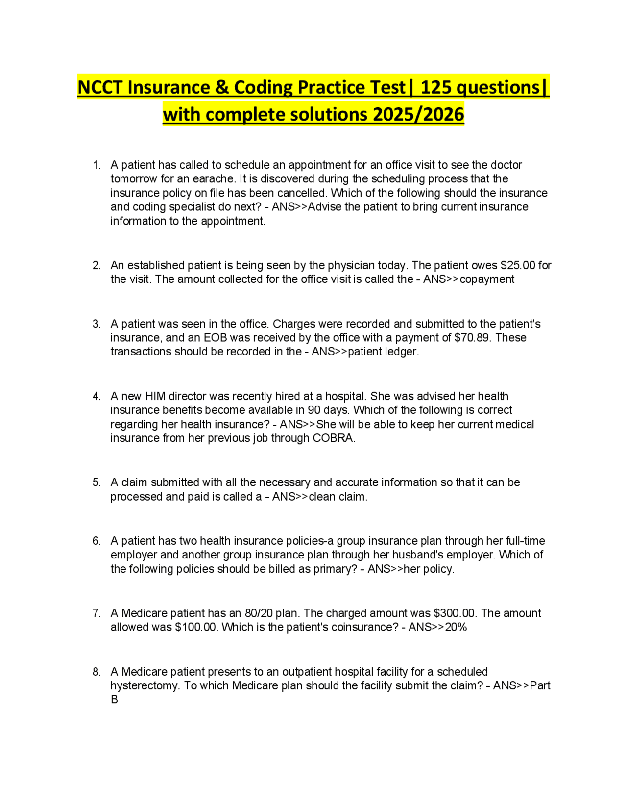 NCCT Insurance & Coding Practice Test – 125 Q&A with Solutions 2025/ ...