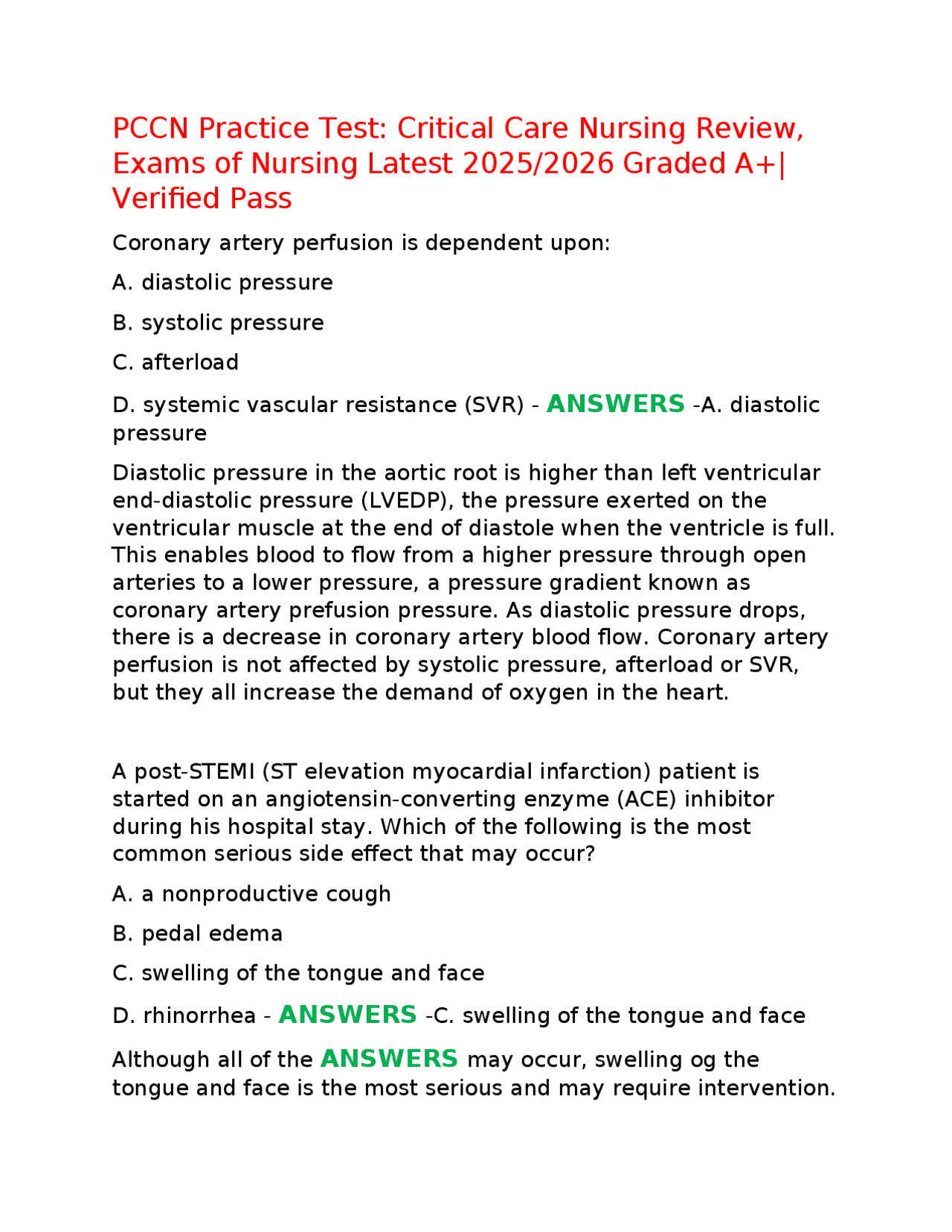 PCCN Practice Test: Critical Care Nursing Review 2025/2026 | Exams ...