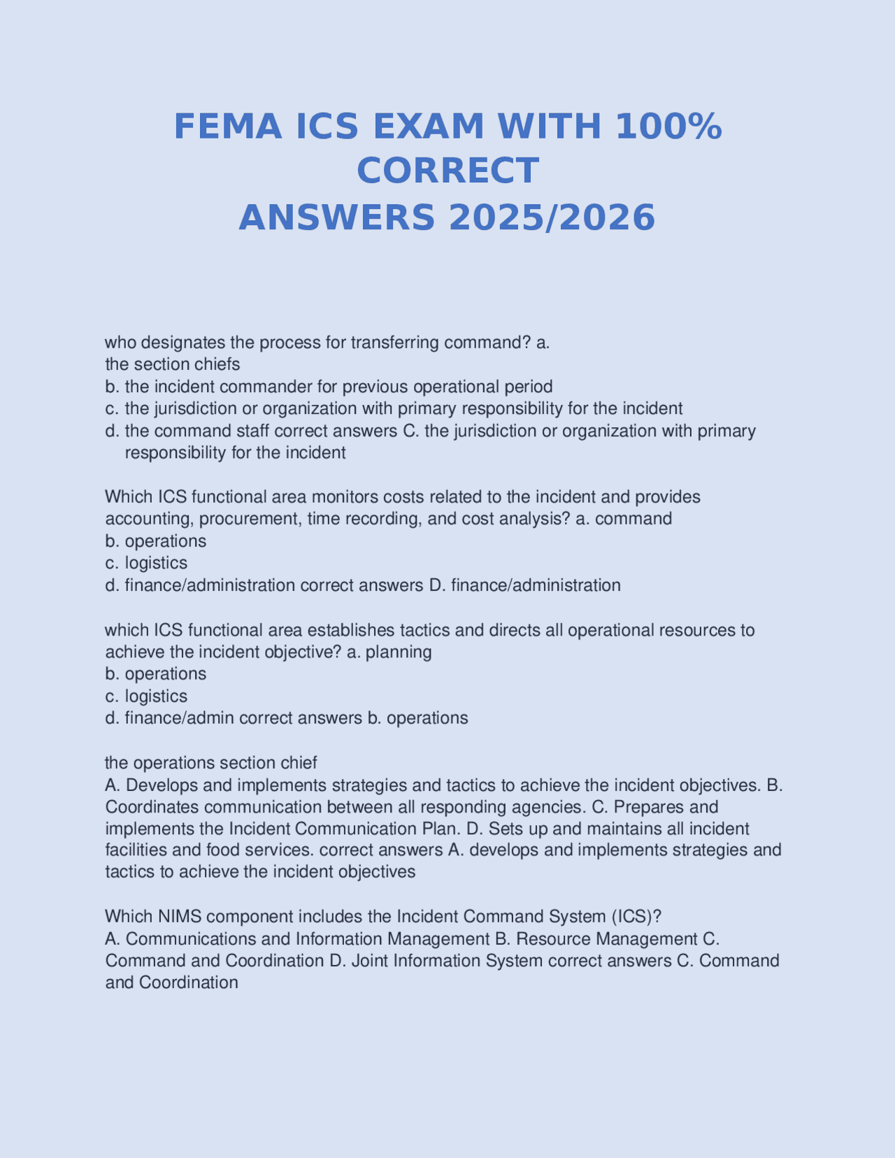 FEMA ICS EXAM WITH 100% CORRECT ANSWERS 2025/2026 | Exams Nursing | Docsity
