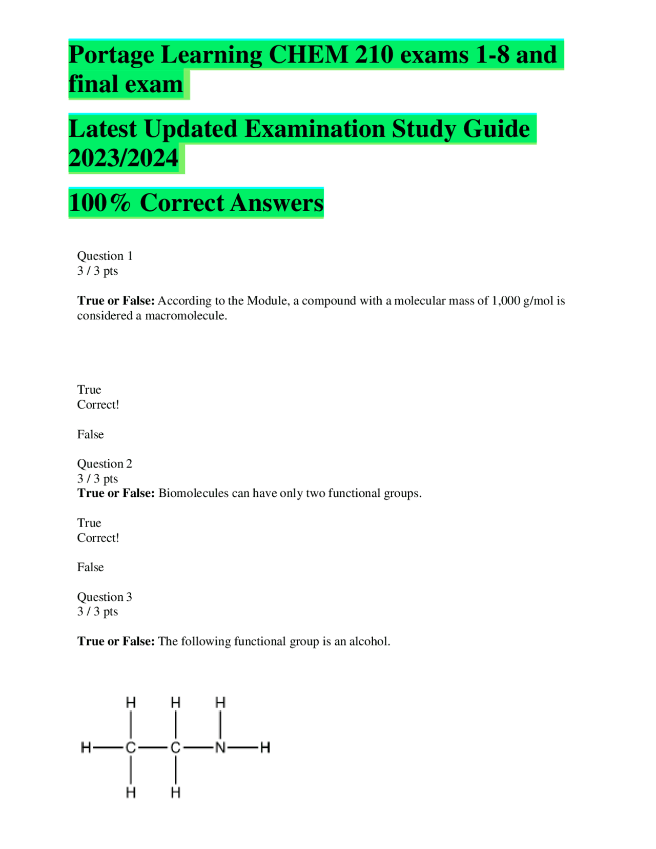 CHEM 210 Exams 1-8 and Final Exam Study Guide | Exams Chemistry | Docsity