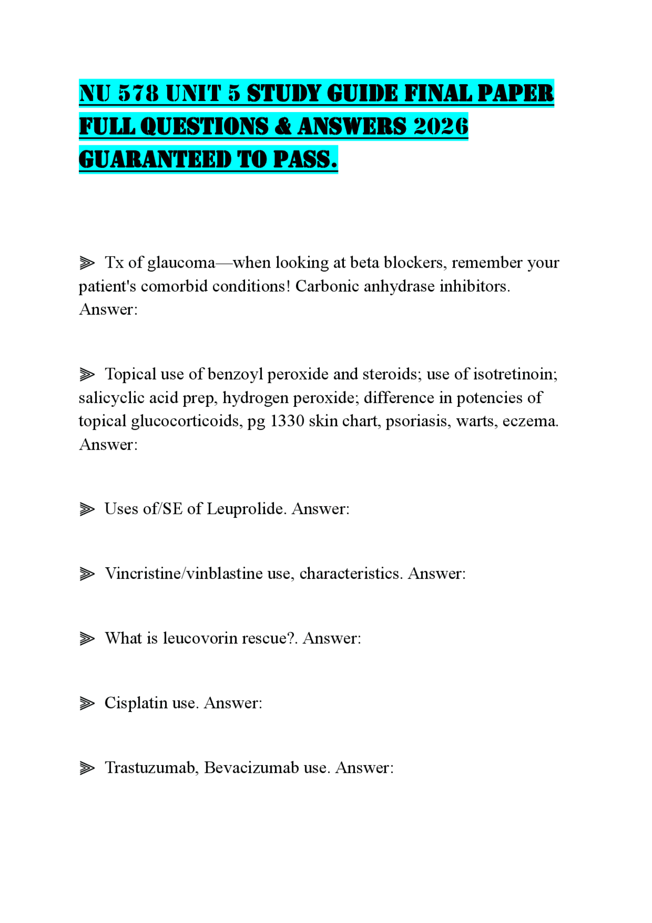 NU 578 UNIT 5 STUDY GUIDE FINAL PAPER FULL QUESTIONS & ANSWERS 2026 ...