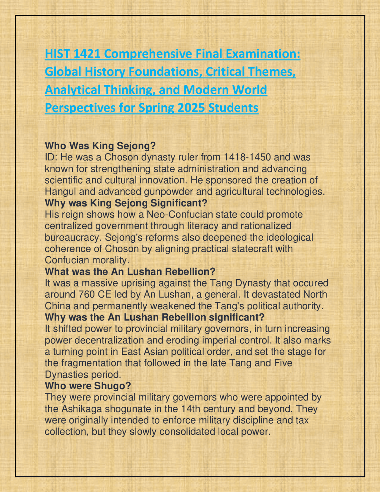 Global History Comprehensive Final Exam Review: Key Figures, Events ...