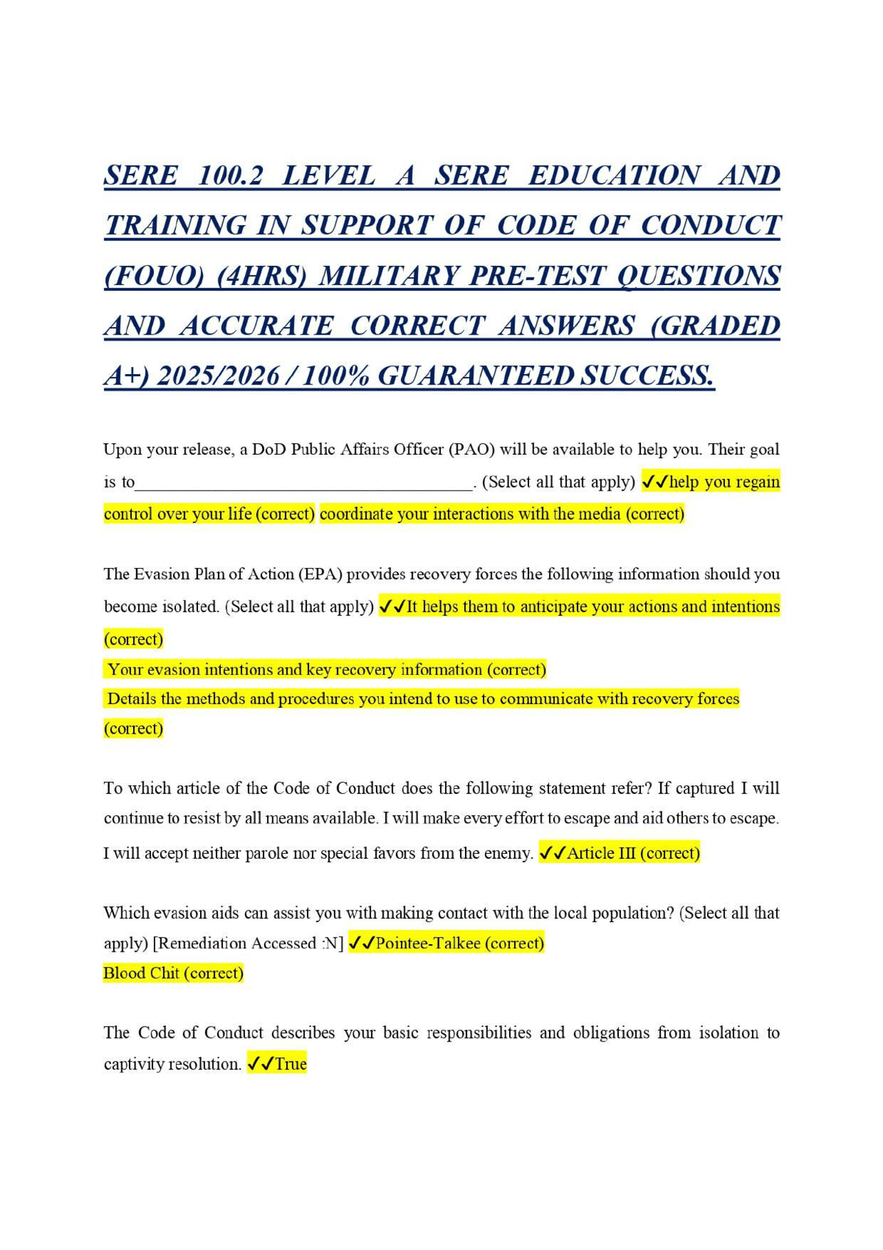 SERE 100.2 LEVEL A SERE EDUCATION AND TRAINING IN SUPPORT OF CODE OF ...