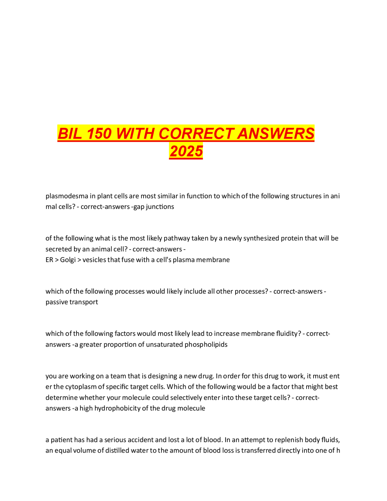 BIL 150 Biology Study Guide with Correct Answers 2025 – Cellular ...