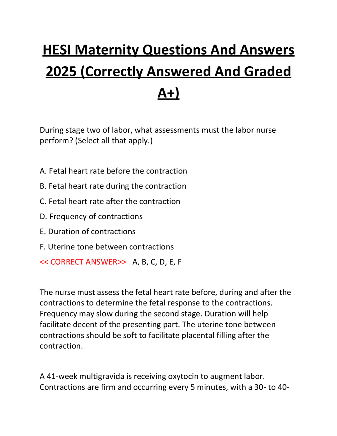 HESI Maternity Questions And Answers 2025 (Correctly Answered And ...