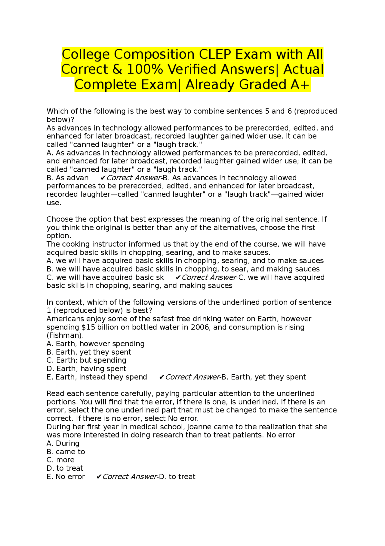 College Composition CLEP Exam with All Correct & 100% Verified Answers ...
