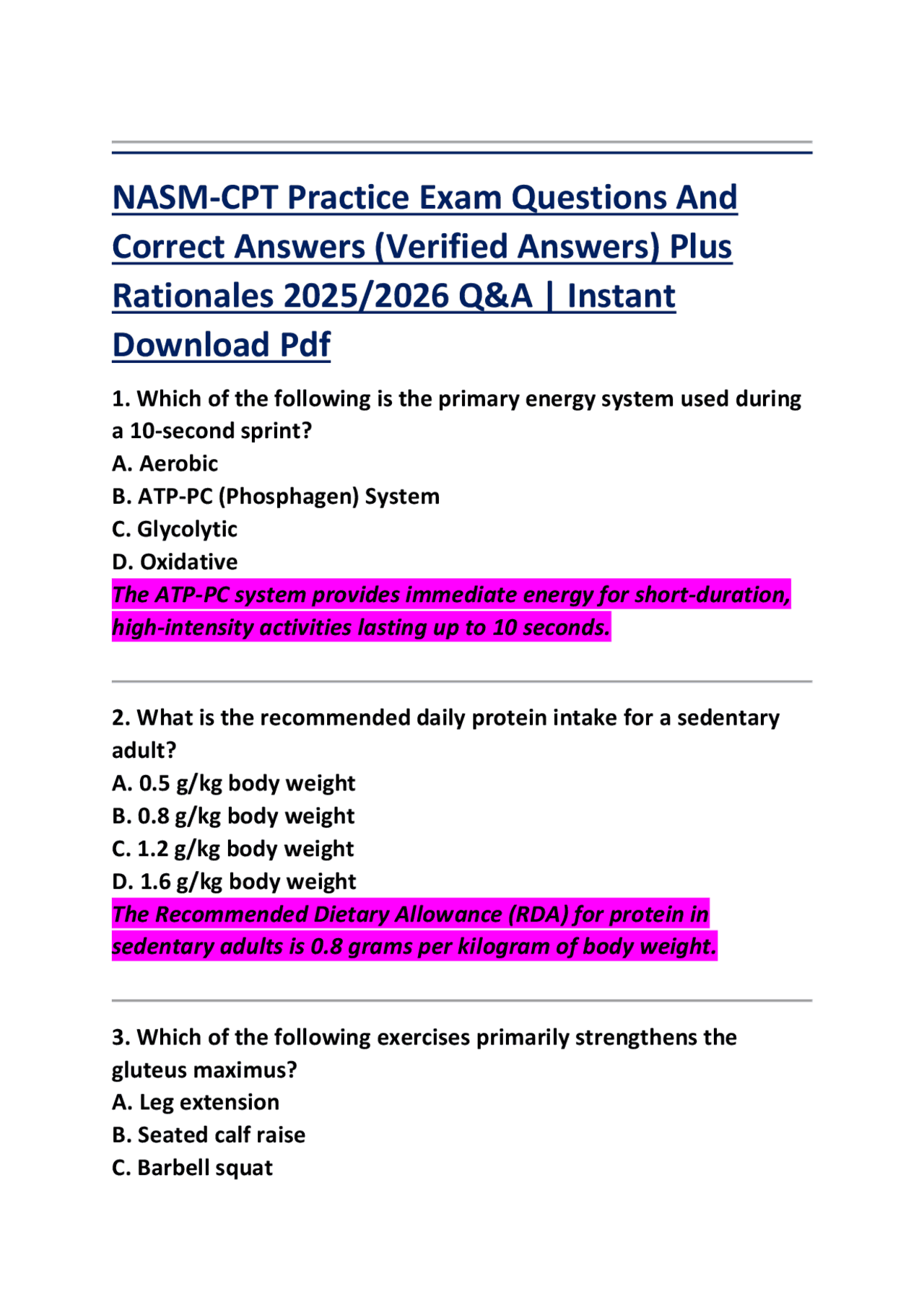NASM-CPT Practice Exam Questions And Correct Answers (Verified Answers ...