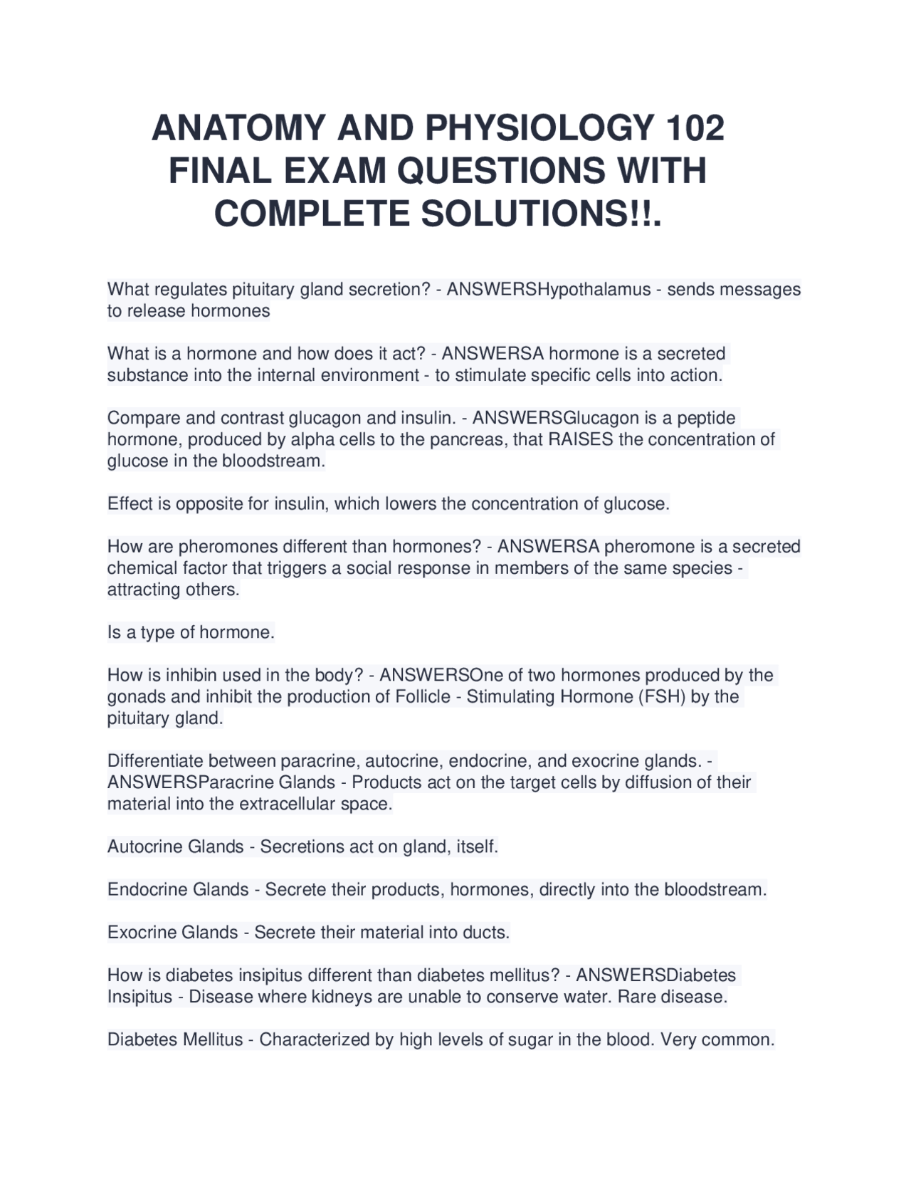 Anatomy and Physiology 102: Final Exam Questions with Complete ...