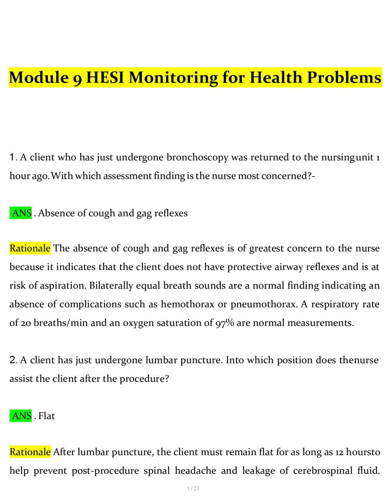 HESI Module 9 Monitoring for Health Problems 2026 | Exam Practice Q&A ...