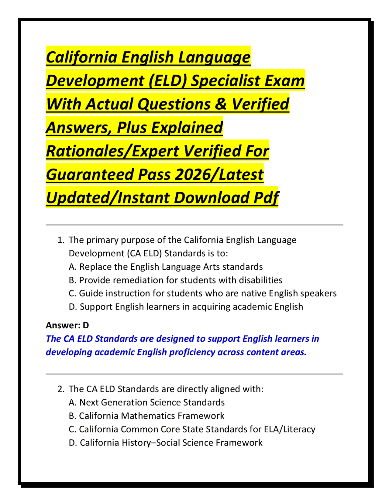 California English Language Development (ELD) Specialist Exam With ...