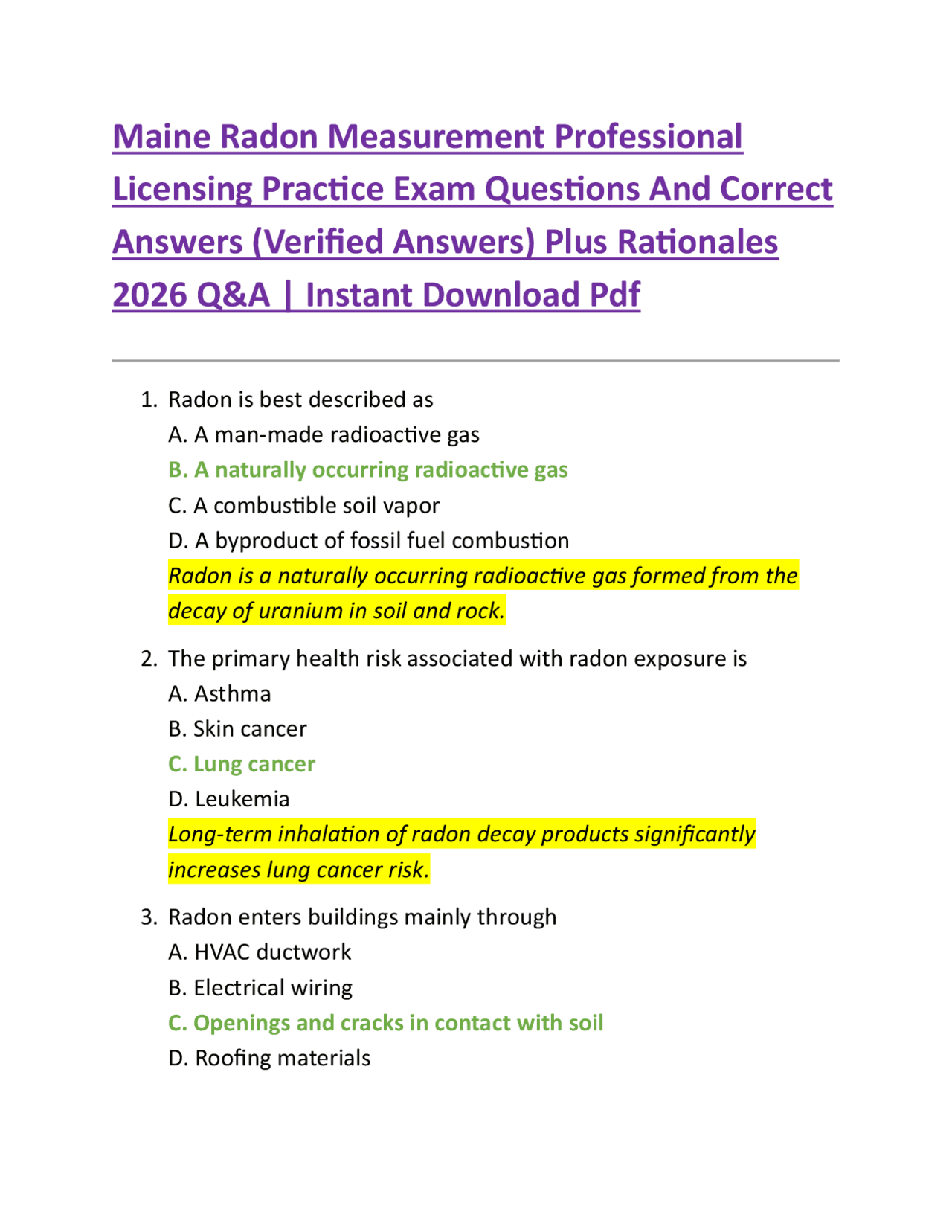 Maine Radon Measurement Professional Licensing Practice Exam Questions ...