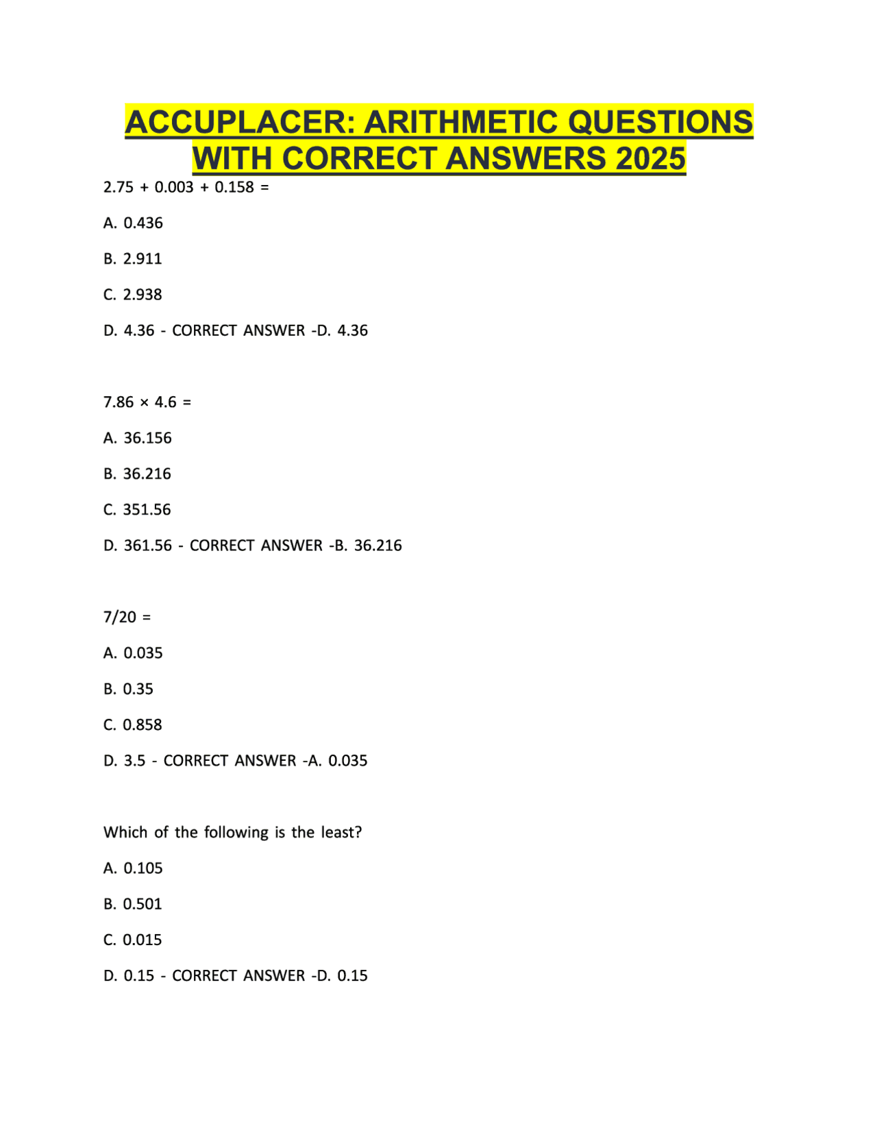 ACCUPLACER Arithmetic Test Questions – College Placement Exam Practice ...