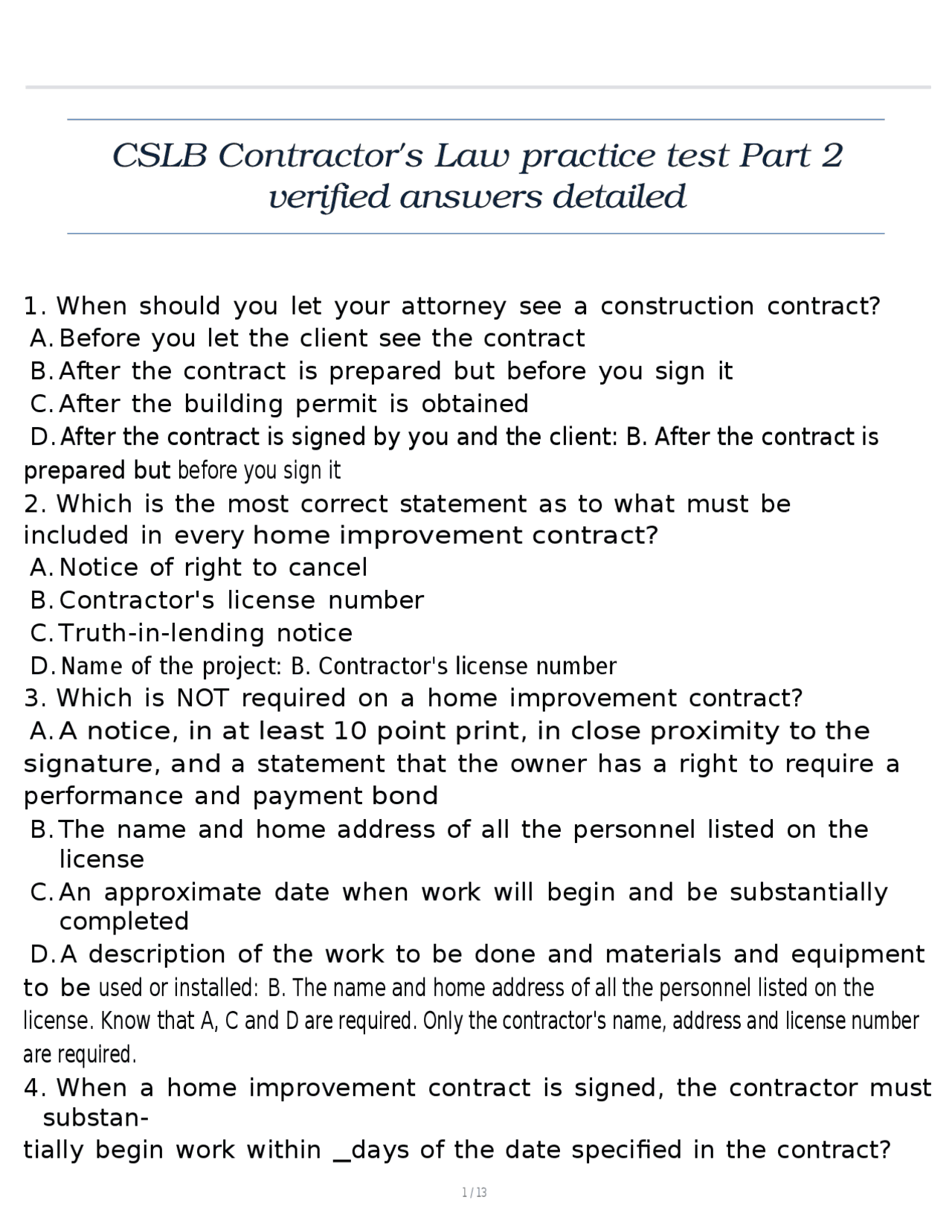 CSLB Contractor's Law practice test Part 2 verified answers detailed ...