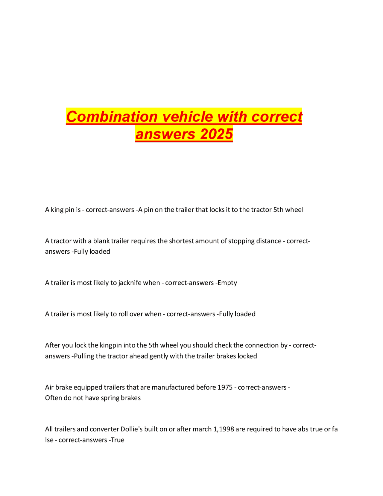 CDL Combination Vehicle Exam 2025 – 70 Q&A on Kingpin, Air Brakes ...