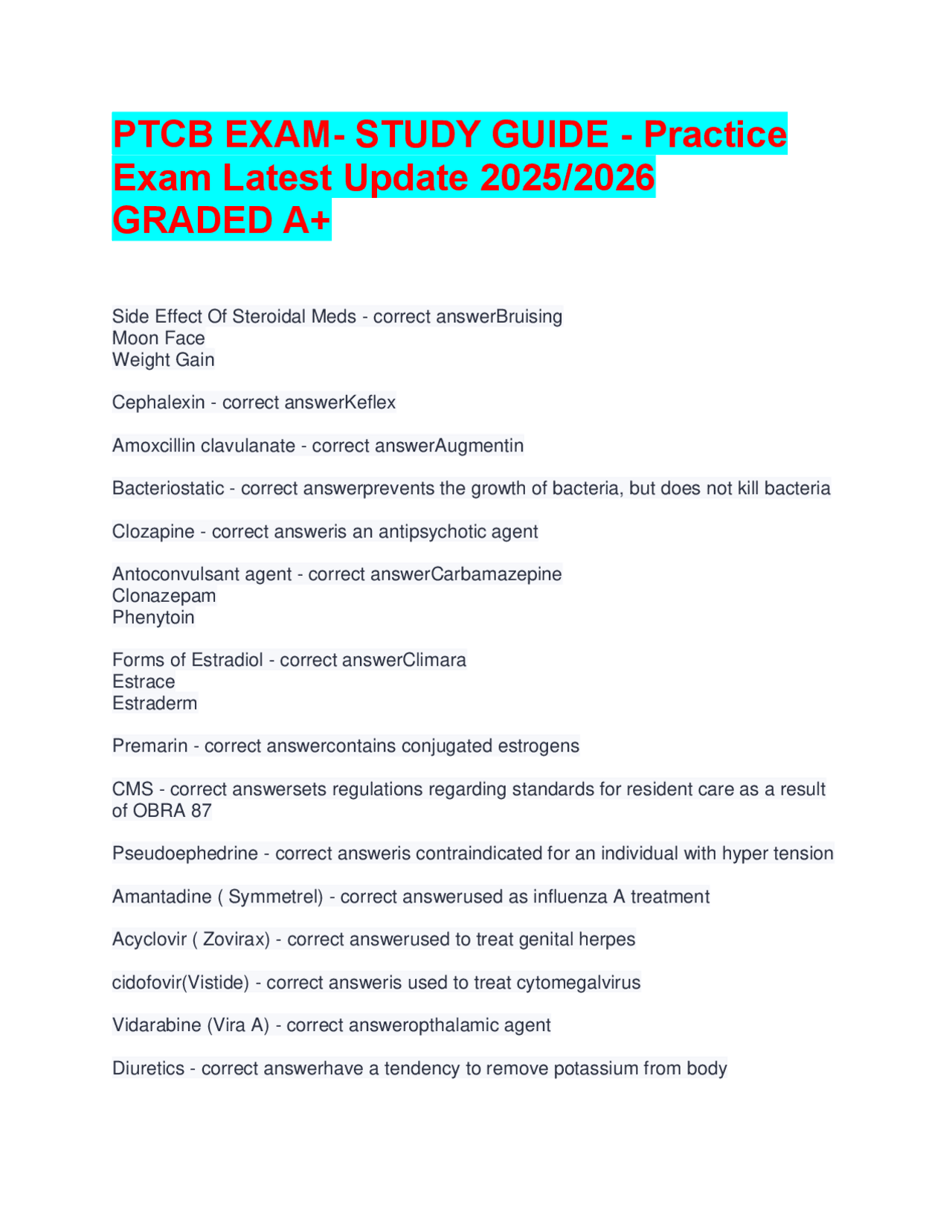 PTCB EXAM- STUDY GUIDE - Practice Exam Latest Update 2025/2026 GRADED ...
