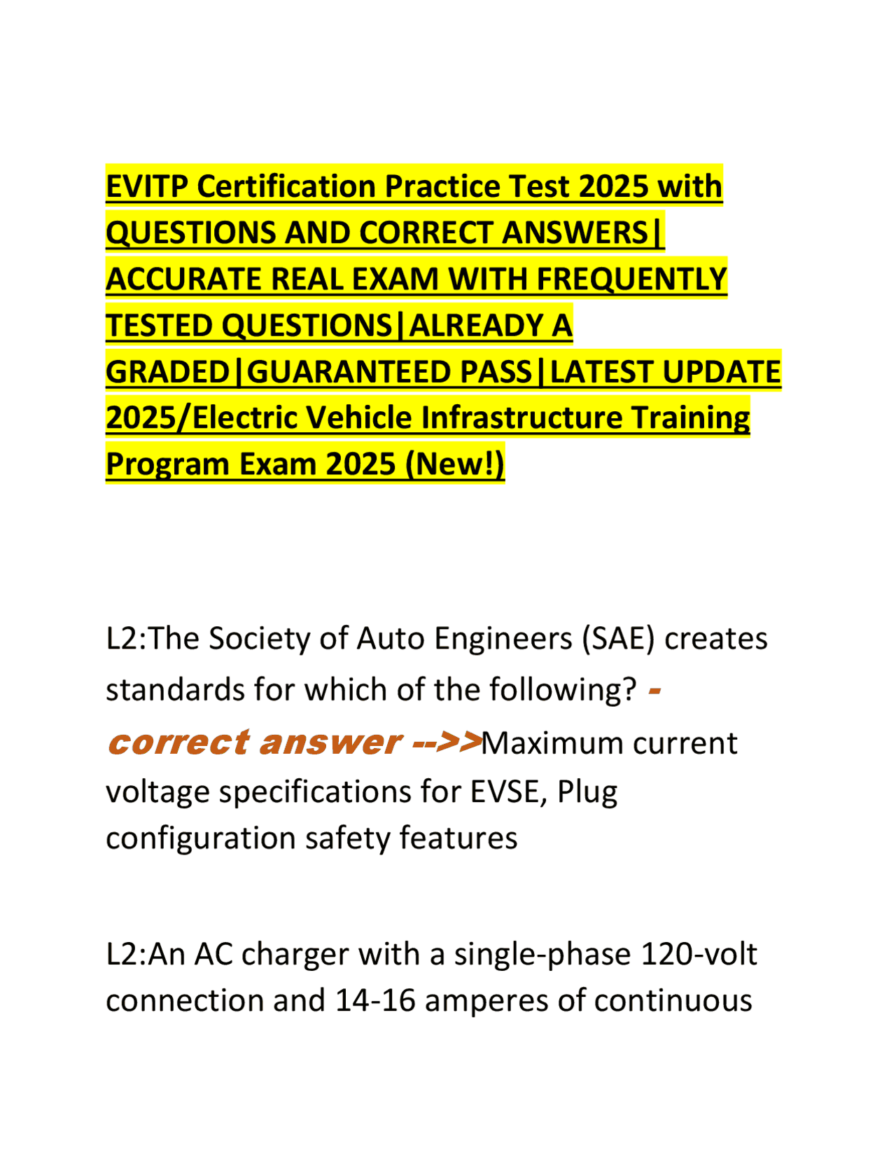 EVITP Certification Practice Test 2025 - SAE Standards, NEC Code, EV ...