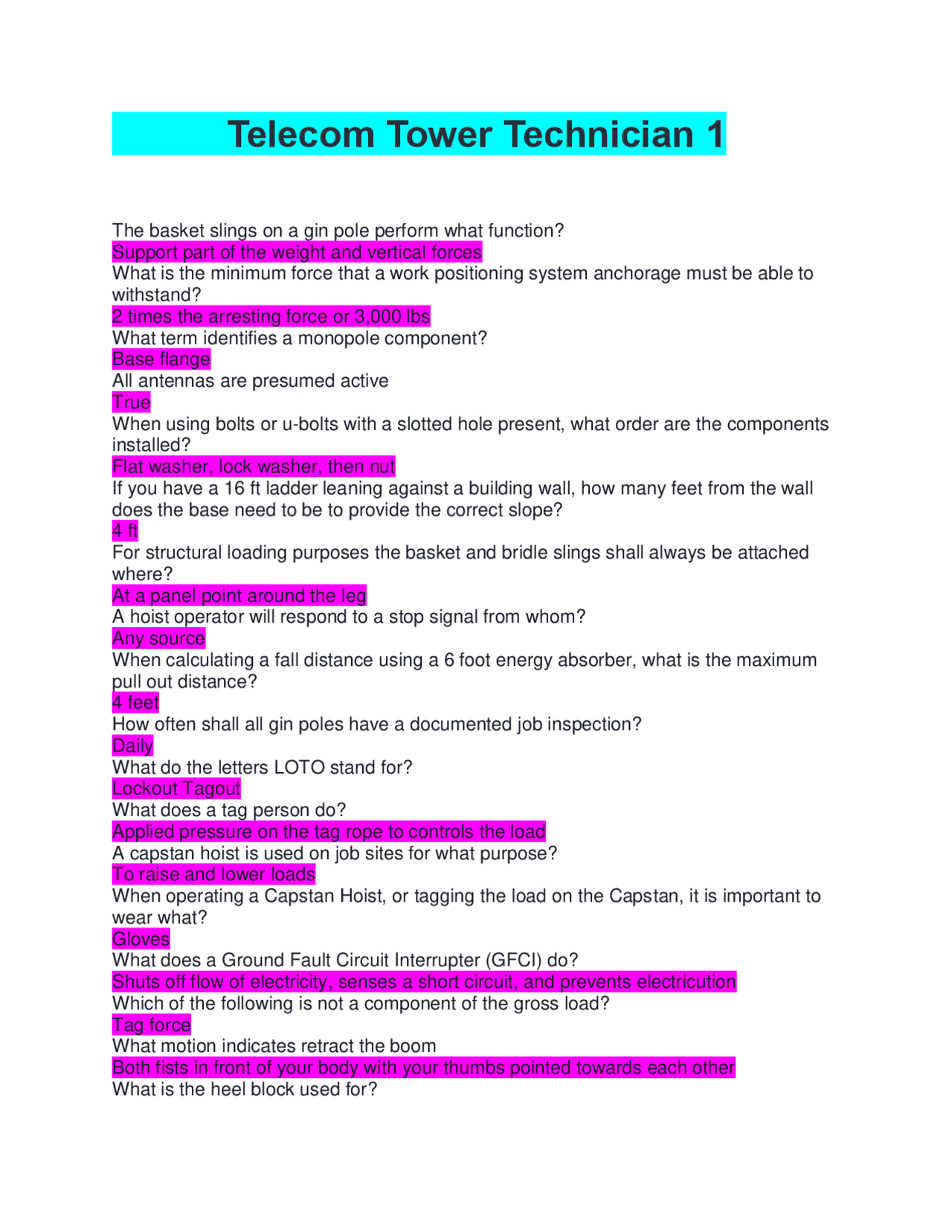 Telecom Tower Technician 1 questions with verified answers complete ...