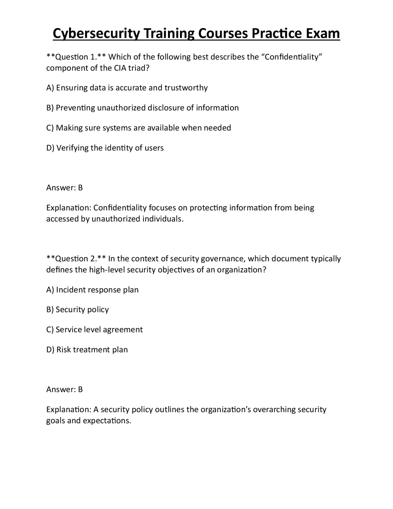 Cybersecurity Training Courses Practice Exam | Exams Technology | Docsity