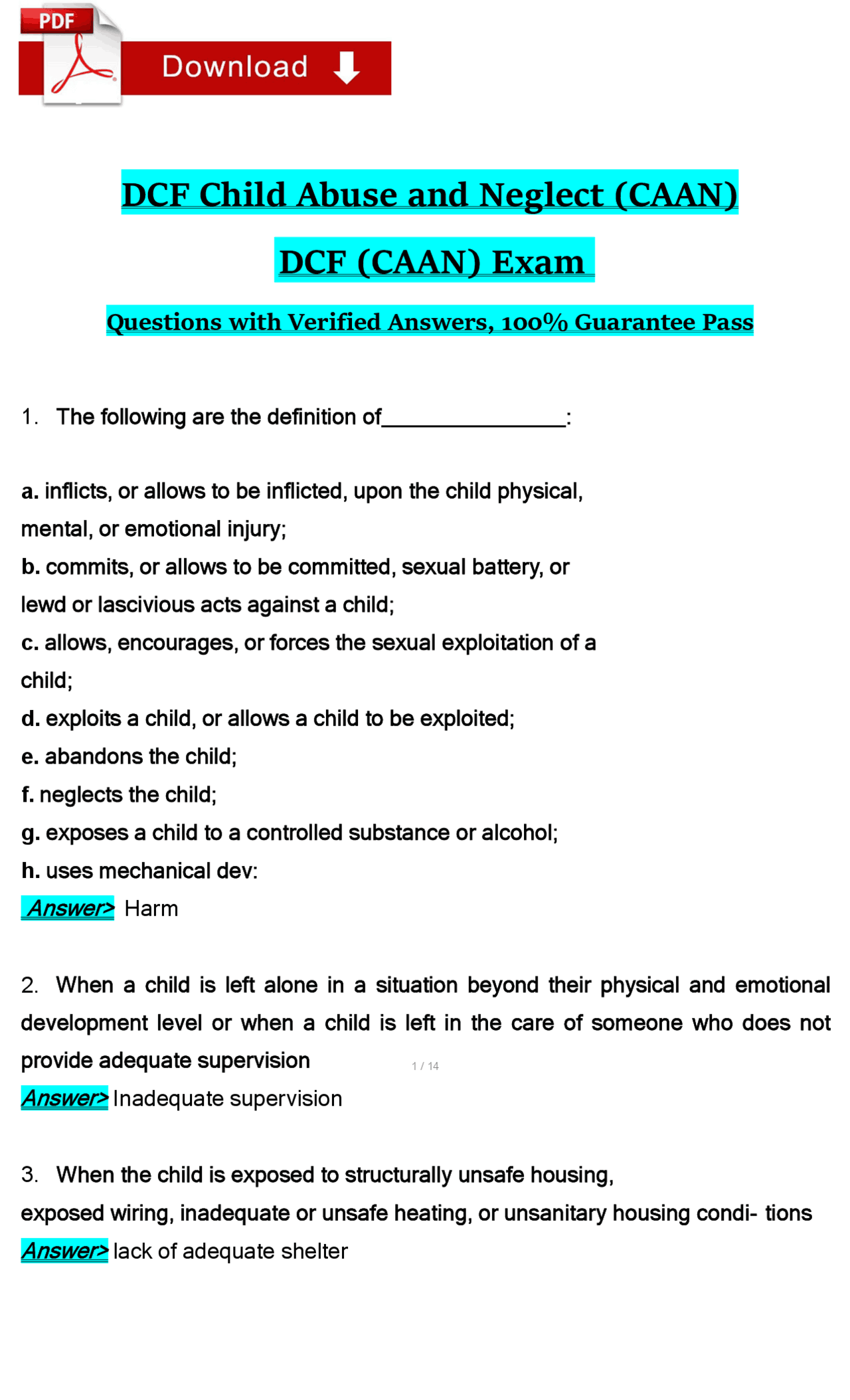 DCF Child Abuse & Neglect (CAAN) DCF Exam 2026 | Verified Questions ...