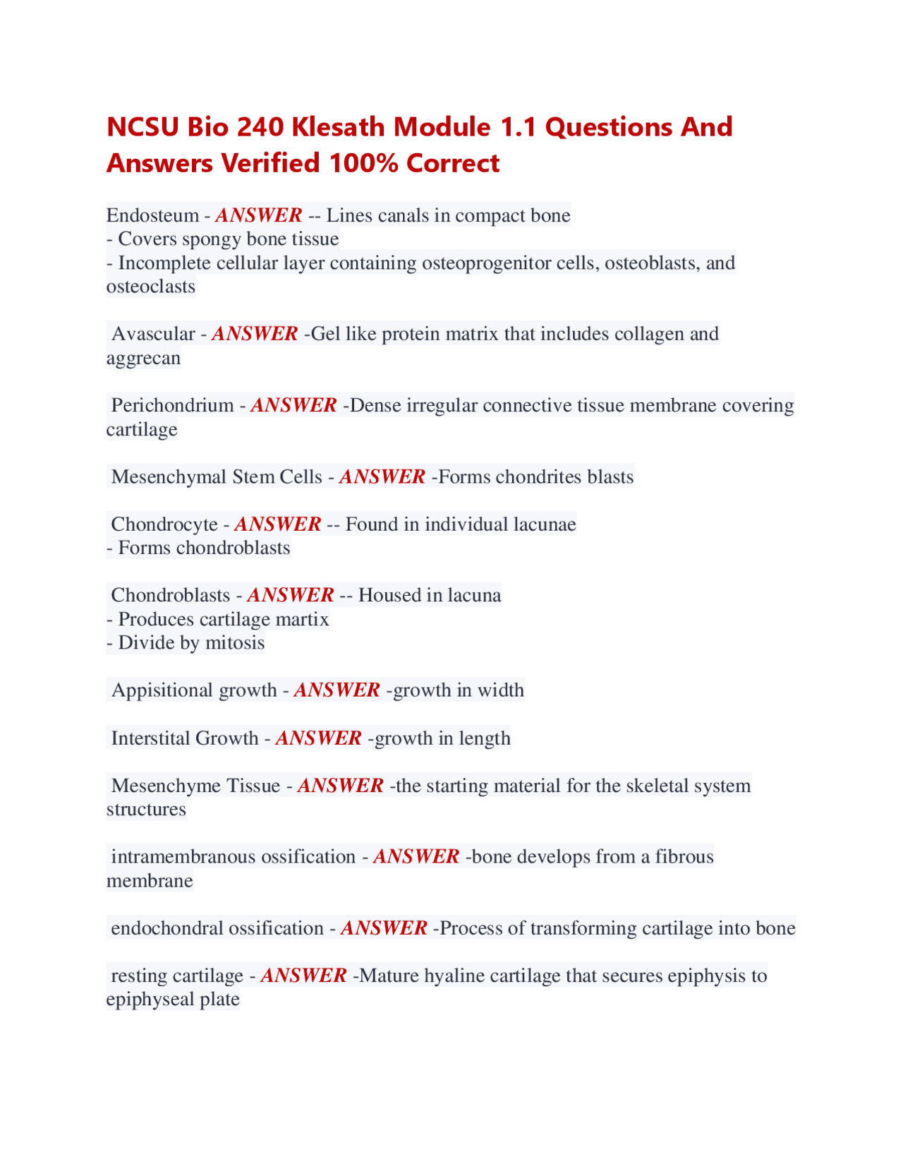 NCSU Bio 240 Klesath Module 1.1 Questions And Answers Verified 100% ...