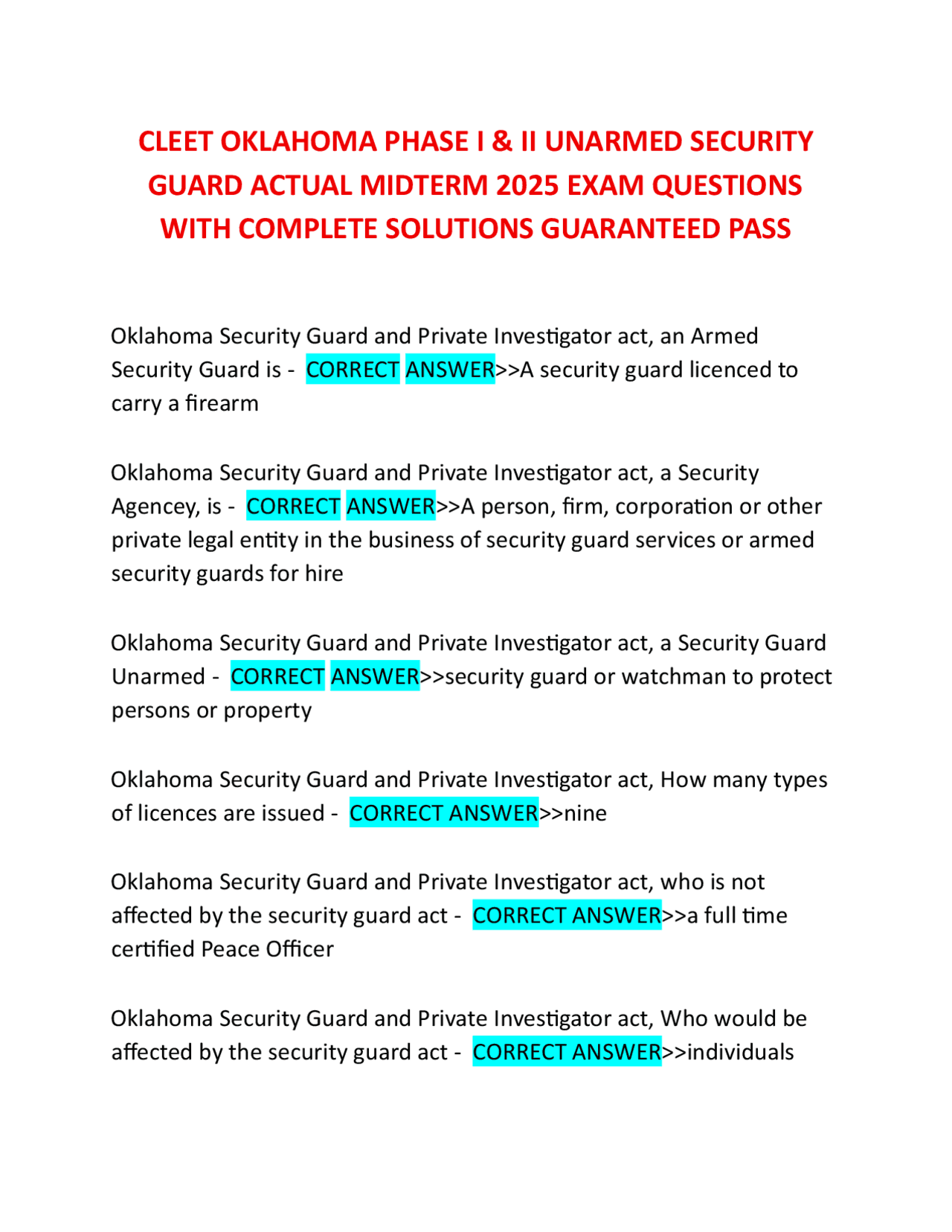 CLEET OKLAHOMA PHASE I & II UNARMED SECURITY GUARD ACTUAL MIDTERM 2025 ...