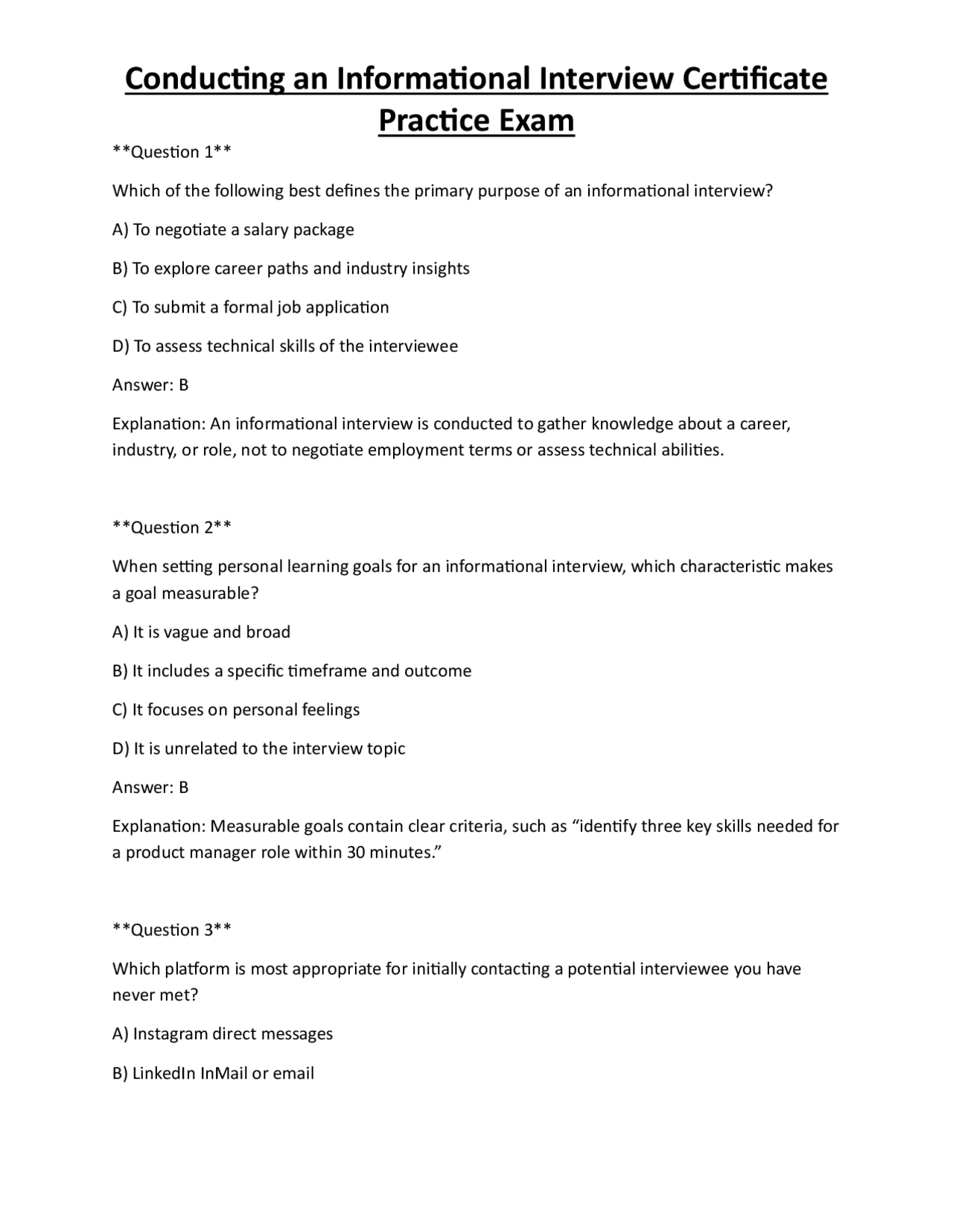 Conducting an Informational Interview Certificate Practice Exam | Exams ...