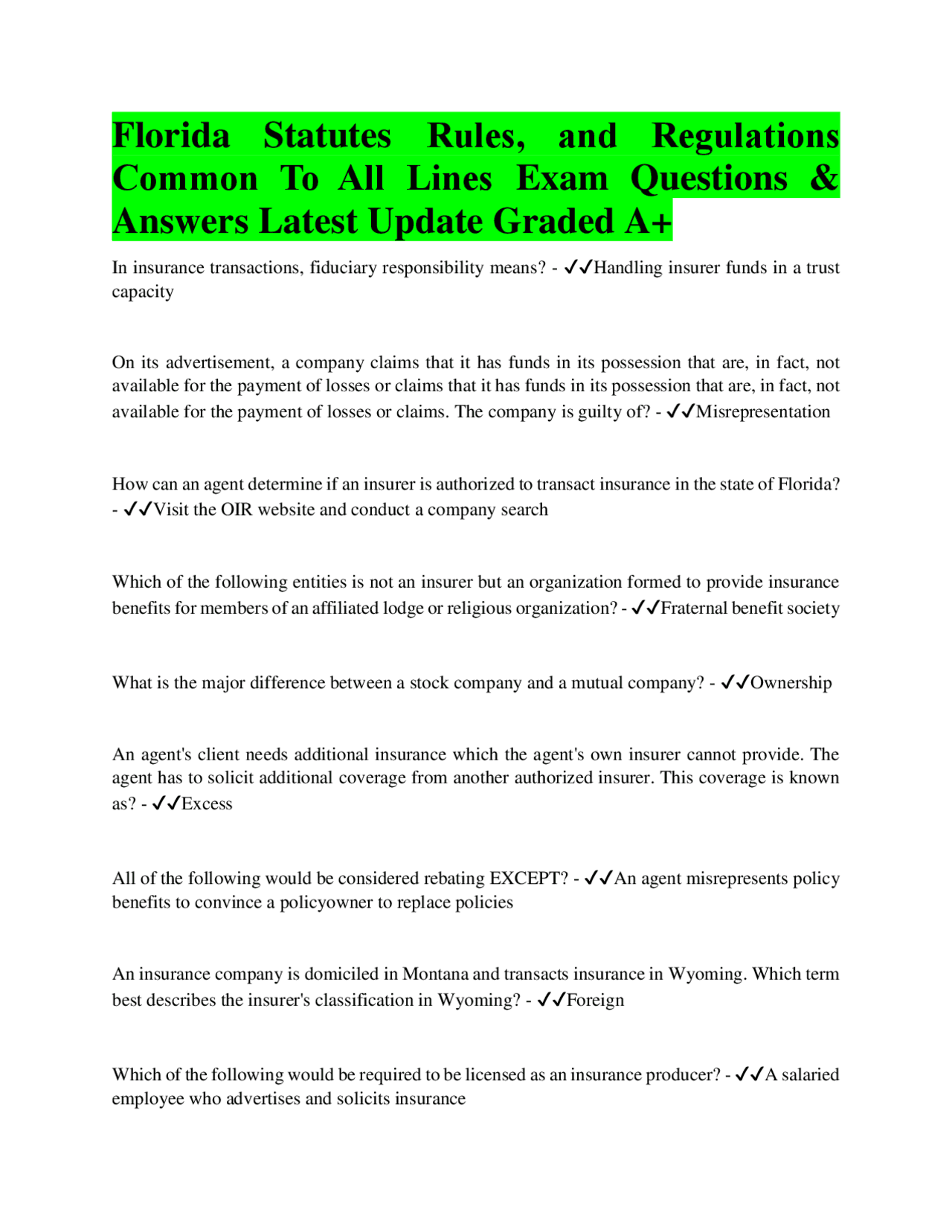 Florida Insurance Exam Prep: Statutes, Rules, and Regulations Q&A ...