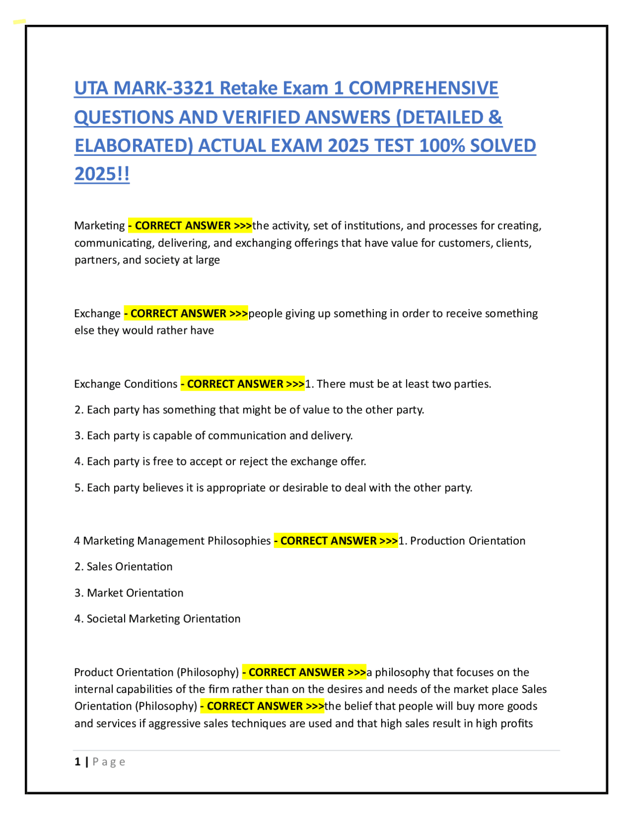 UTA MARK-3321 Retake Exam 1 COMPREHENSIVE QUESTIONS AND VERIFIED ...