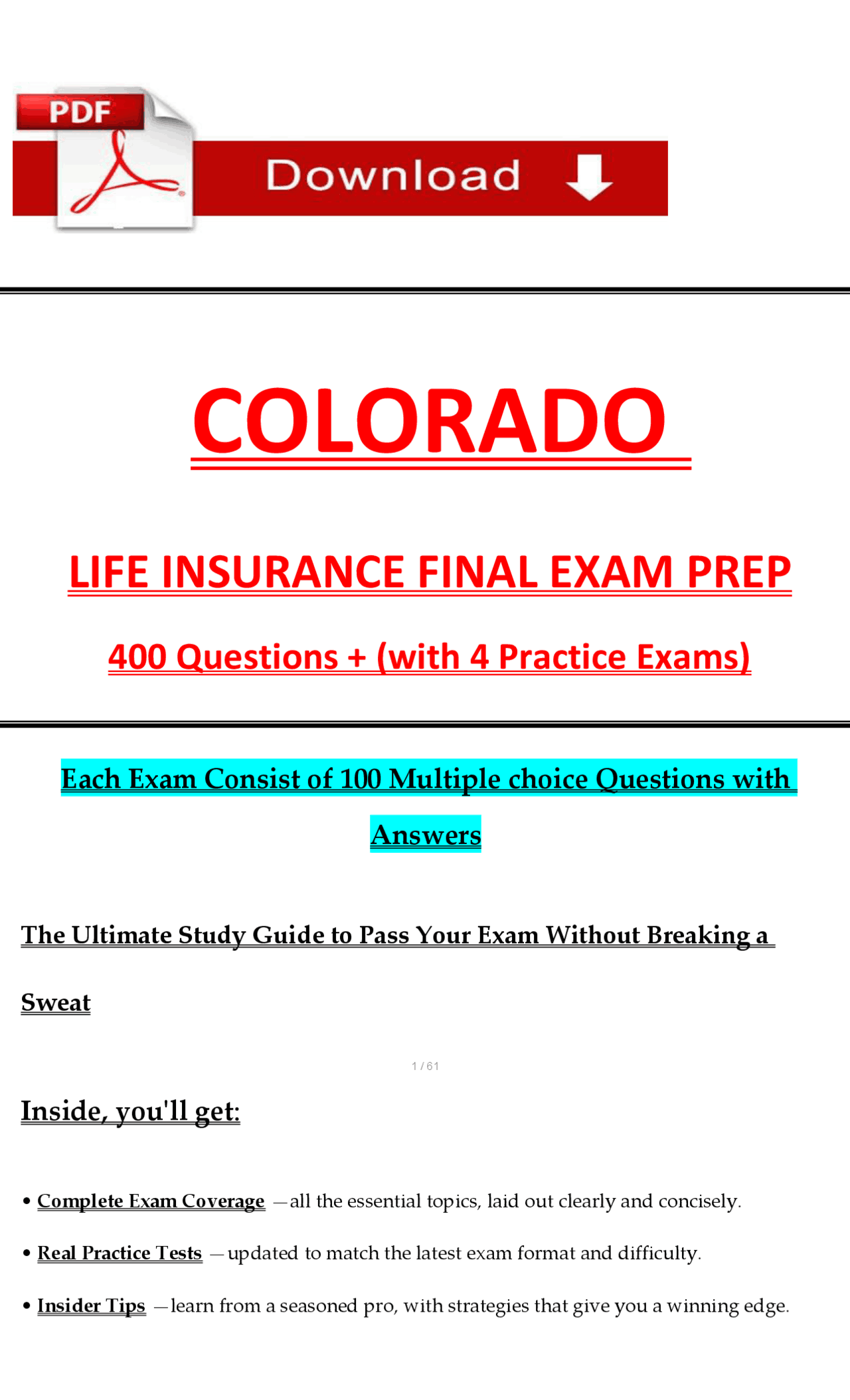 Colorado Life Insurance Exam Prep Book | 400 Q&A with 4 Practice Tests ...