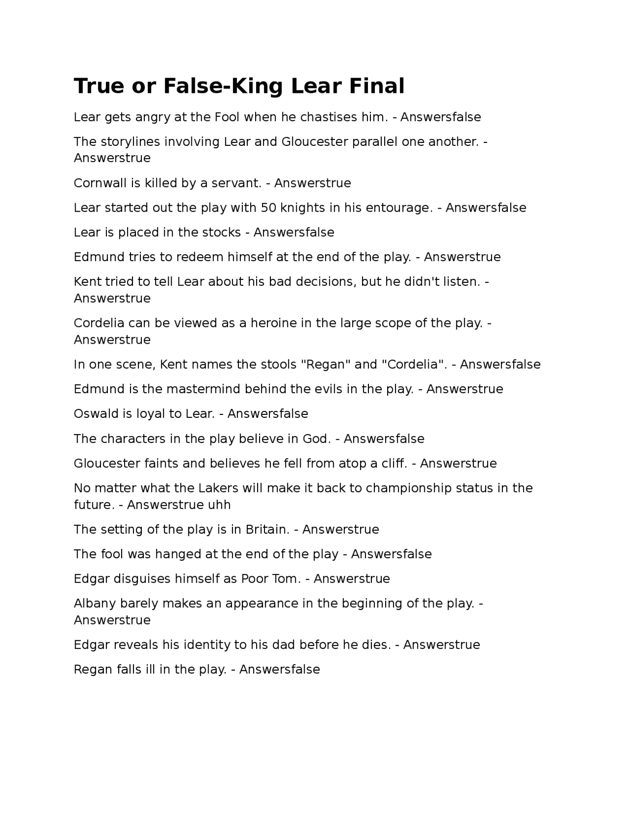 King Lear True or False Quiz: Test Your Knowledge | Exams Advanced ...