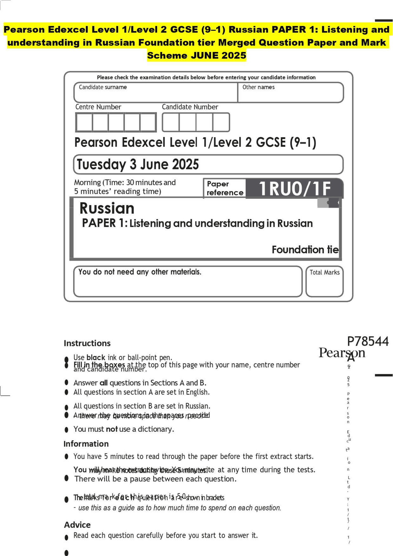 Pearson Edexcel Level 1/Level 2 GCSE (9–1) Russian PAPER 1: Listening ...