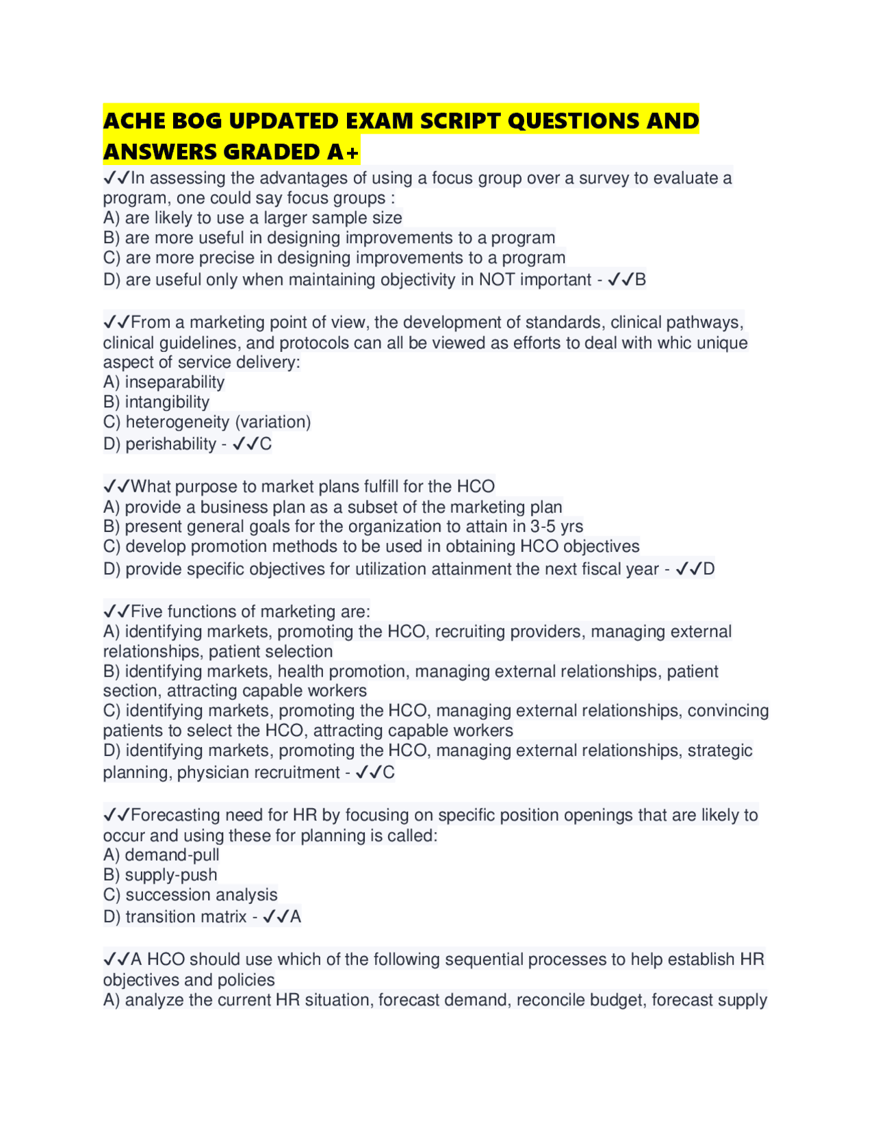 ACHE BOG UPDATED EXAM SCRIPT QUESTIONS AND ANSWERS GRADED A+ | Exams ...