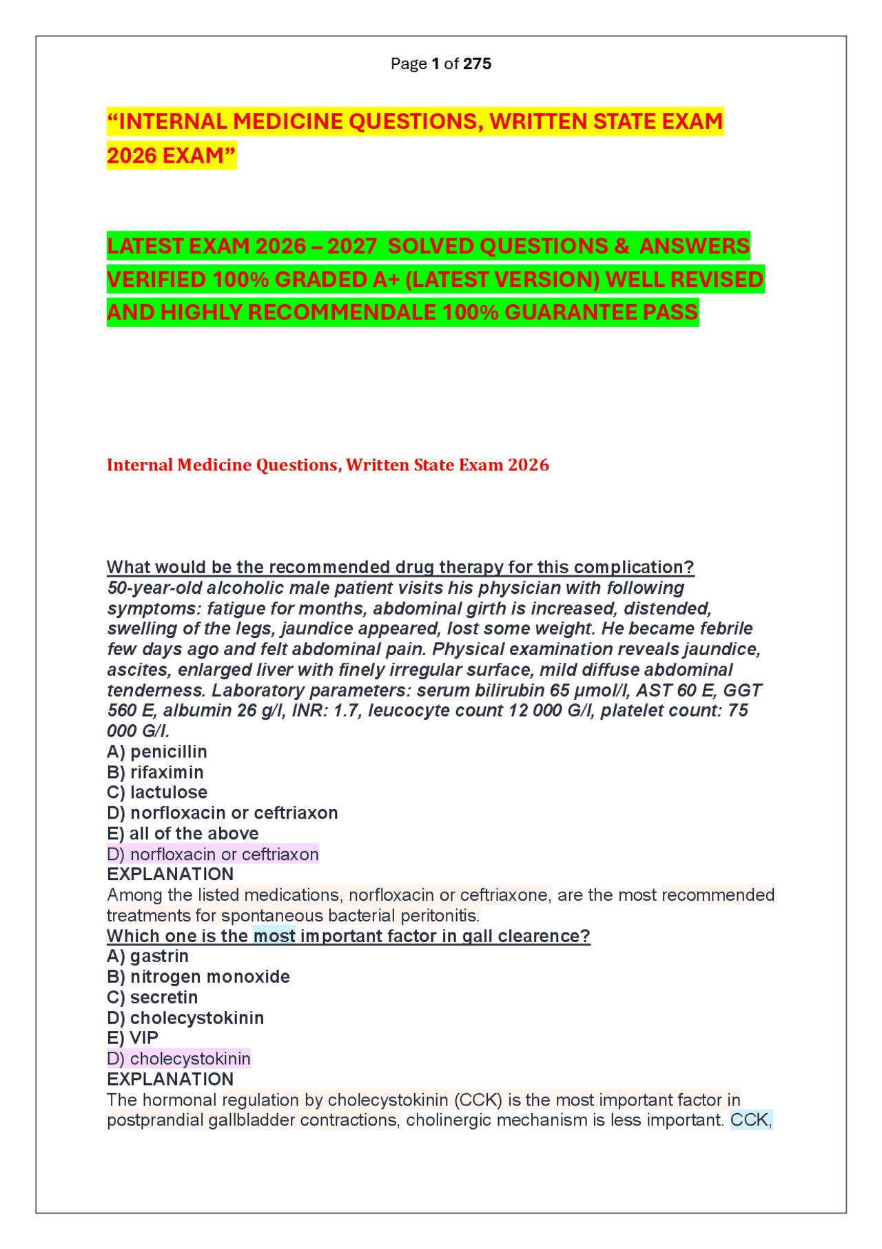 “INTERNAL MEDICINE QUESTIONS, WRITTEN STATE EXAM 2026 EXAM” LATEST EXAM ...