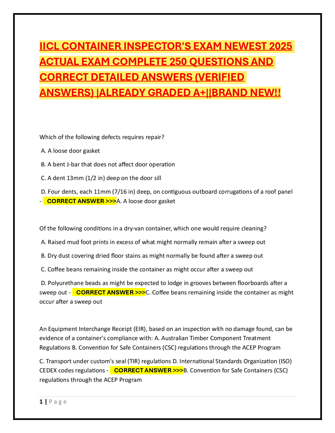 IICL CONTAINER INSPECTOR'S EXAM NEWEST 2025 ACTUAL EXAM COMPLETE 250 ...