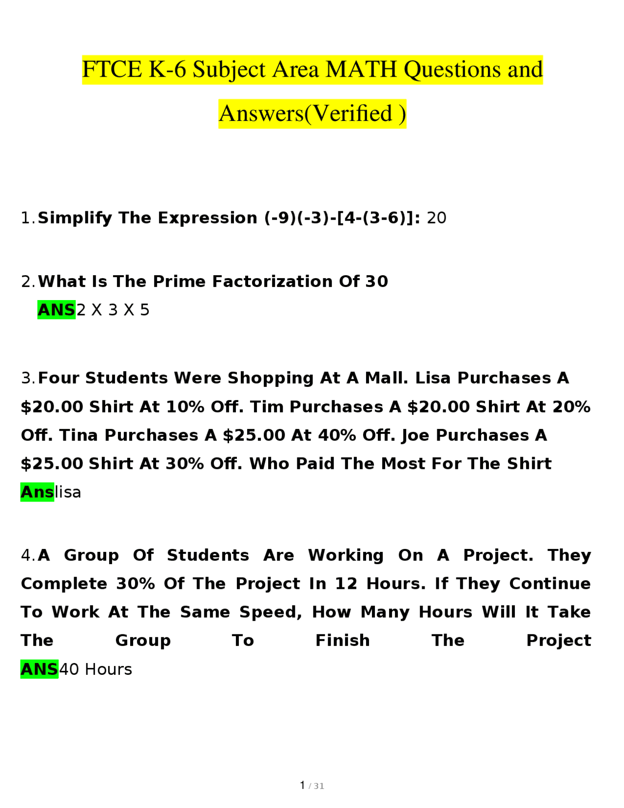 FTCE K–6 Subject Area Math Questions & Answers (Verified) | Exams ...